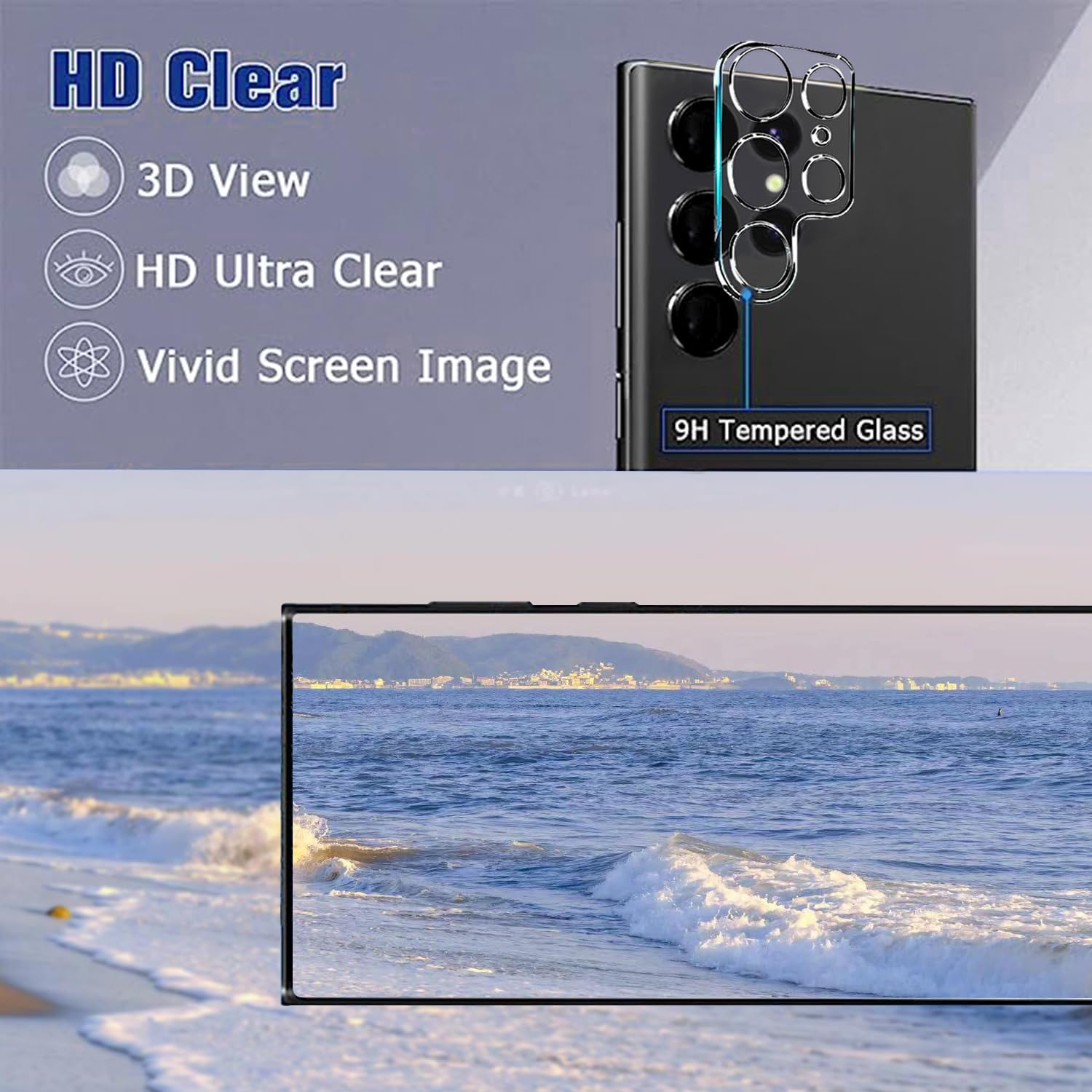[2+2 Pack] Galaxy S23 Ultra Screen Protector, 2 Pack Tempered Glass Screen Protector +2 Pack Tempered Glass Camera Lens Protector,3D Curved,9H Tempered Glass, Ultrasonic Fingerprint Support, HD Clear