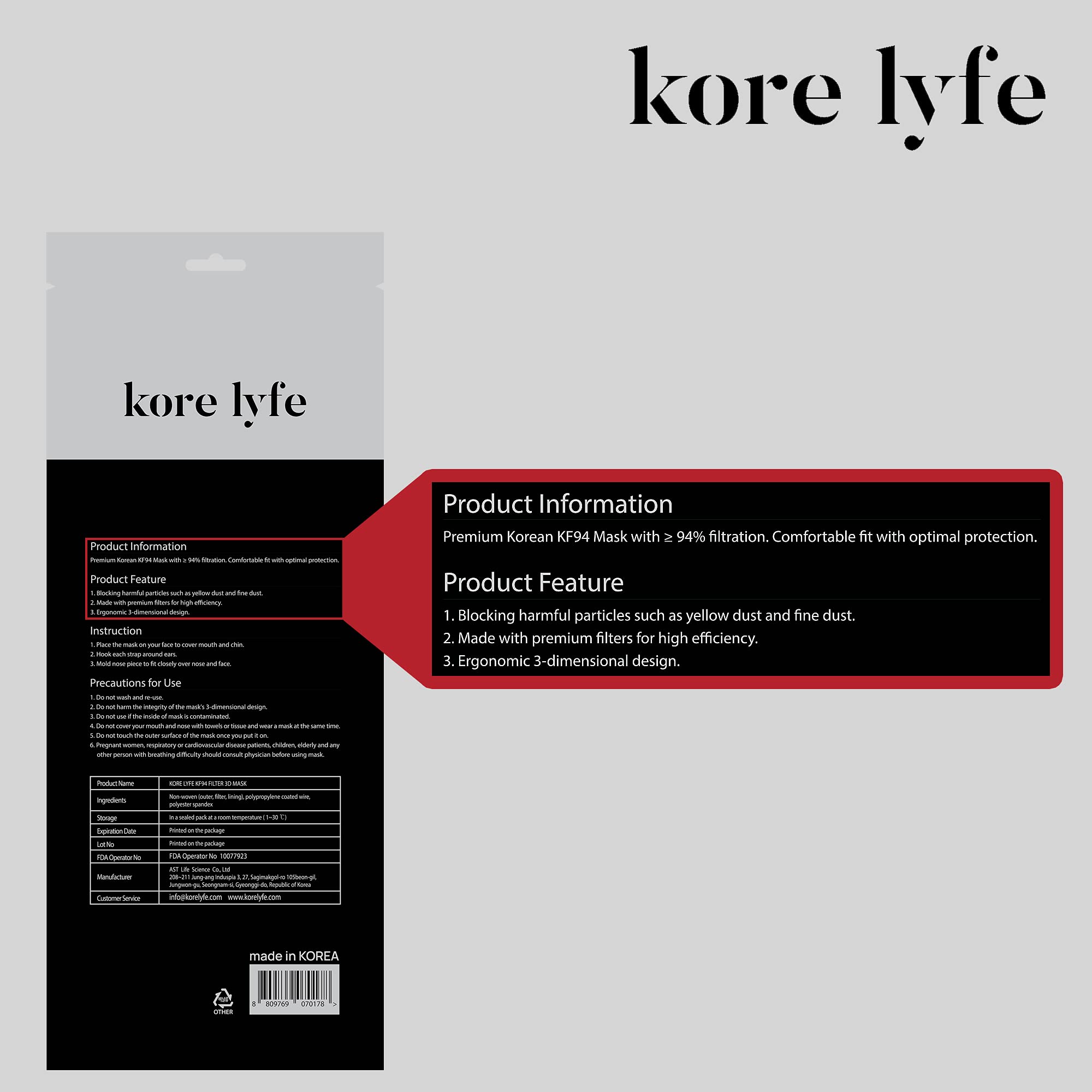 [10 PCS] 25% LARGER KF94 Face Mask - X-LARGE BLACK - [Made in Korea] - In 5 PCS Reclosable Package - Breathable Premium Quality - [Package in English]