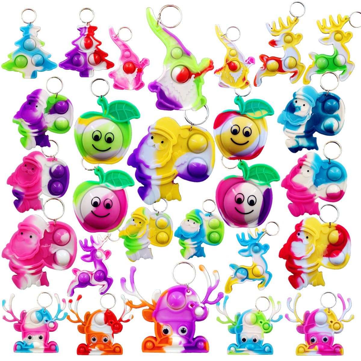 (Christmas Party Gift )30 Packs Bulk Santa Deer Rudolph Mini Pop Fidget Key Chain, Christmas Party Favors Supplies and Student Prizes Gift
