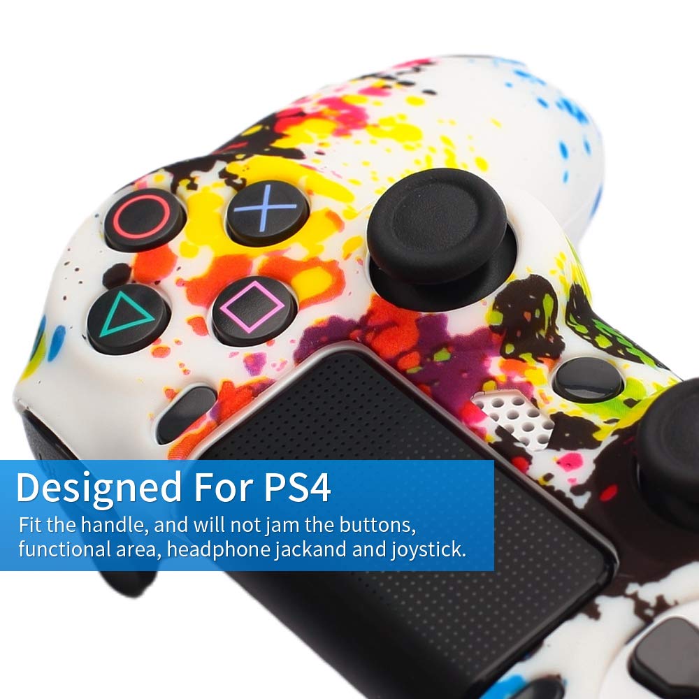 [2 Pack] Skin Cover for Sony PS4/slim/Pro Dualshock 4 Controller , Colorful Silicone Protecte Case Printing Cool, with Pro Thumb Grips x 12