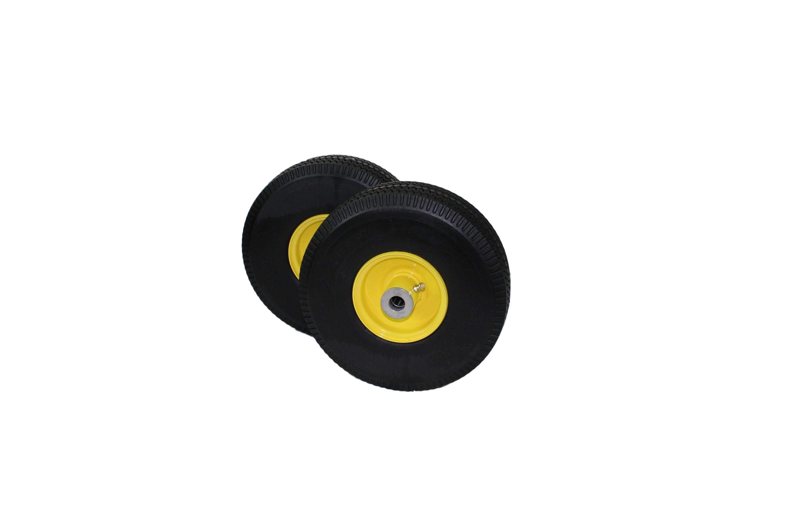 (Set of 2) 4.10/3.50-4 (10") Flat Free Tires and Wheels/Sawtooth tread, 4-1/4" Hub with 3/4" bore. Compatible with Toro 105-3471, Time Cutter Z, and John Deere