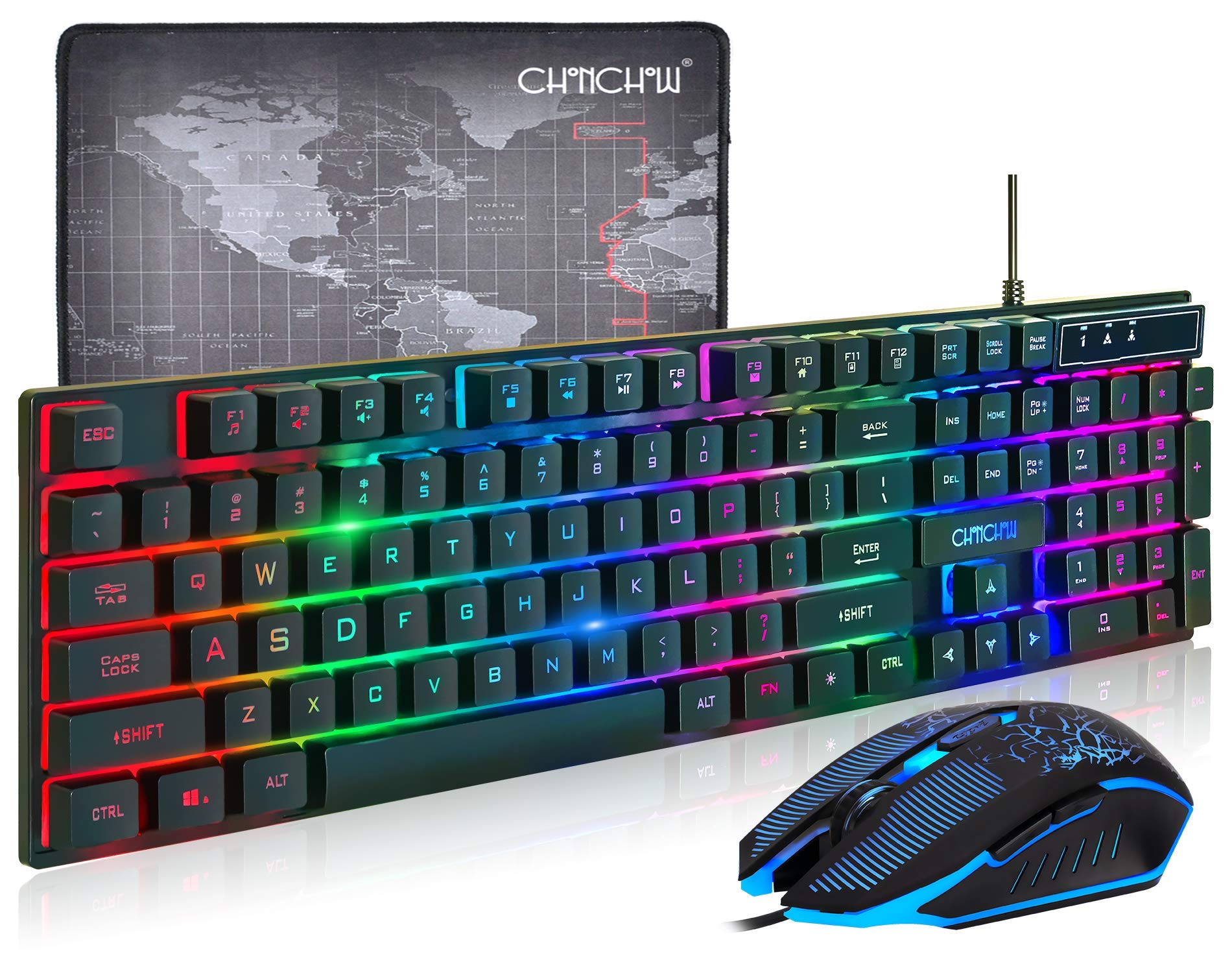 (Upgrade Version) CHONCHOW LED Backlit Gaming Keyboard and Mouse Combo USB Wired Rainbow Gaming Keyboard Mechanical Feeling for PS4 PC Windows Mac,Black (Renewed)