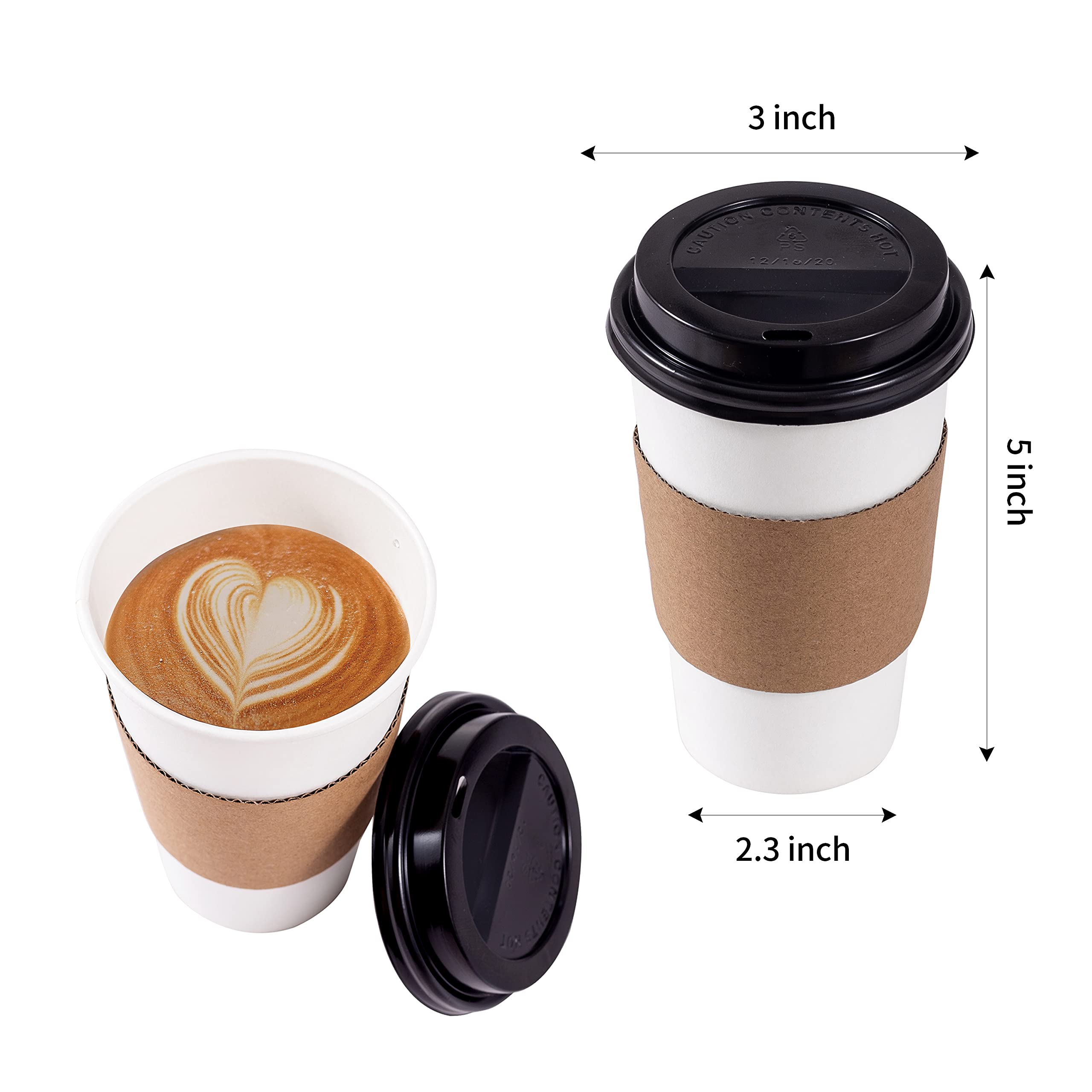 (Pack Of 50)G Store 16 OZ White Disposable Paper Coffee Cup,with Black Dome Lid,Kraft Sleeve Combo And Stirrers ,Hot/Cold Beverage Drinking Cup.