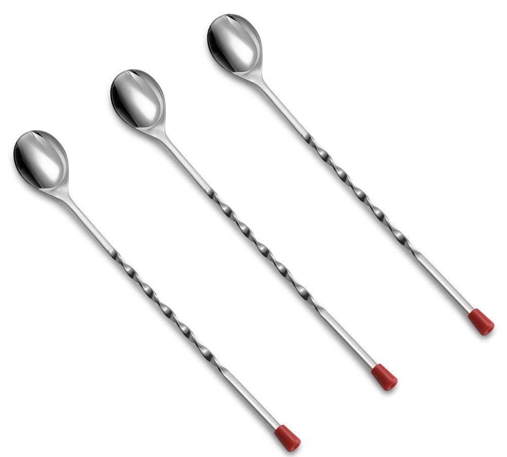 (Set of 3) 11-Inch Stainless Steel Bar Spoon with Red Knob, Long Handle Twisted Mixing Spoon