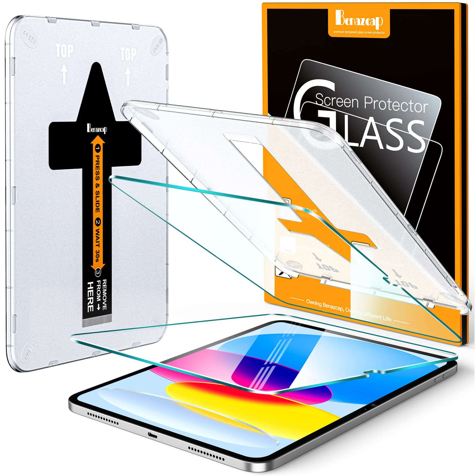 [2 Pack] Benazcap Screen Protector for iPad 10th Generation 10.9 Inch 2022 with Easy Installation Kit, Full Coverage Case Friendly, Bubble Free for iPad 10th Generation 10.9" [Auto Alignment Kit]