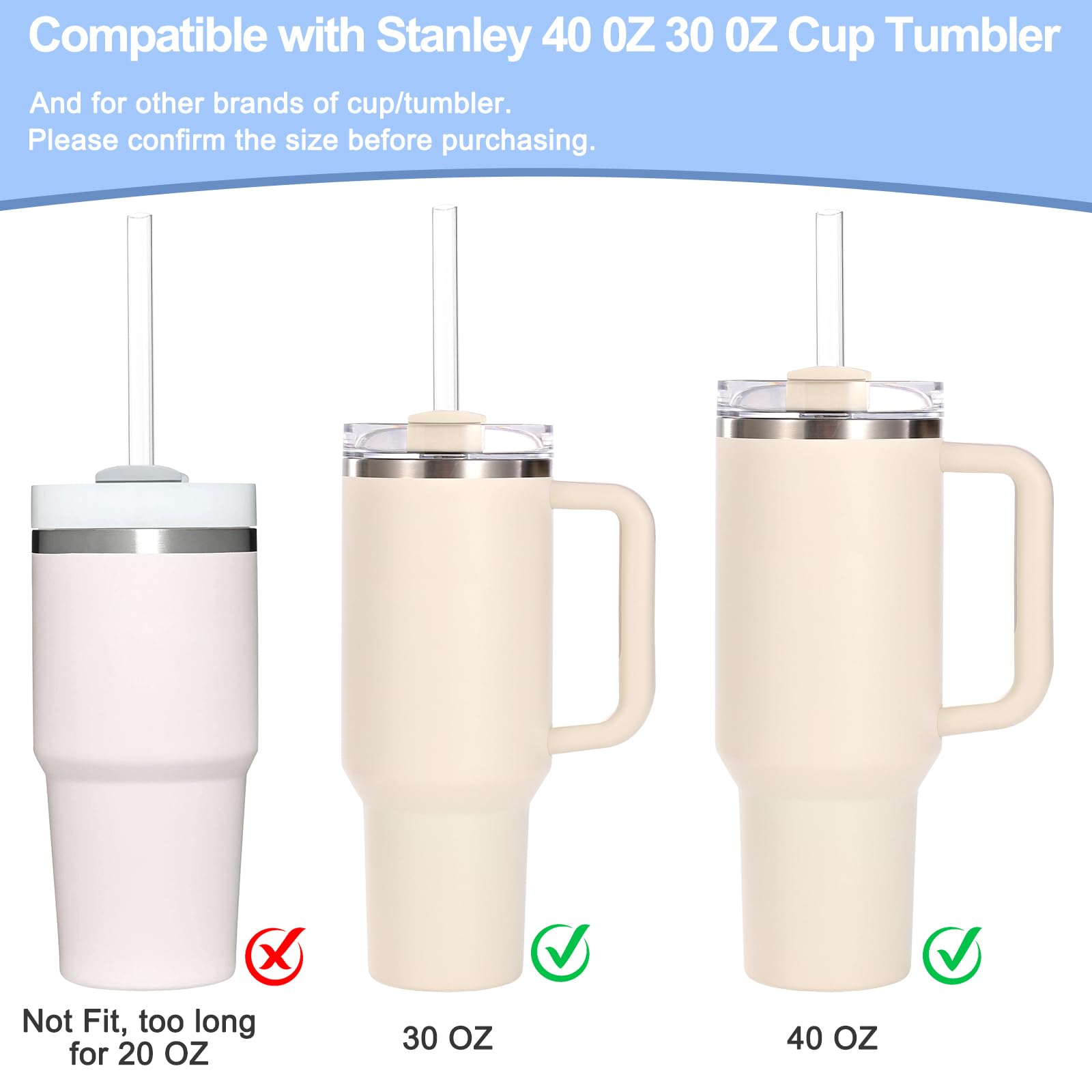 [12 Pcs] Replacement Glass Straws for Stanley - Compatible with Stanley 40 oz 30 oz Cup Tumbler,12" x 10mm Reusable Clear Glass Straw with 2 Cleaning Brush for Stanley Cup Accessories