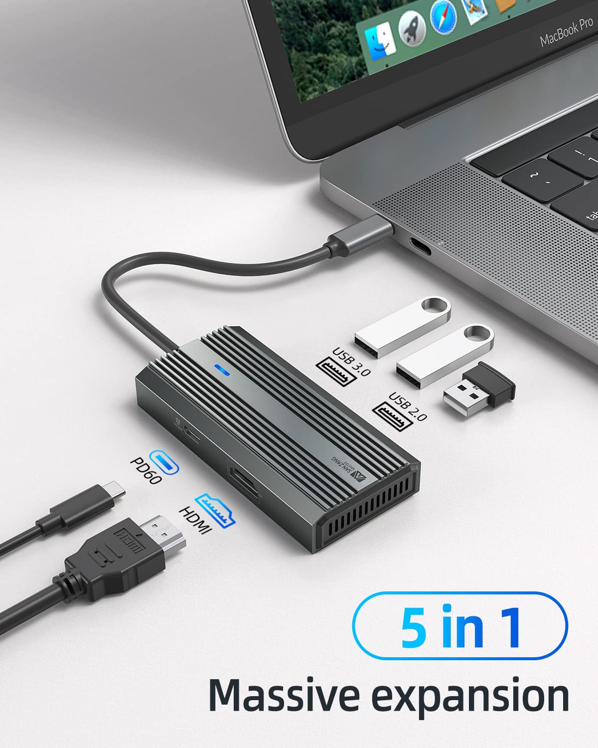 [2023 Upgraded] 5 in 1 USB C to HDMI Adapter, USB C Hub Adapter, 4K HDMI USB C Hub, 5Gbps USB 3.0, 60W Fast Charging, USB-C Docking Station for MacBook
