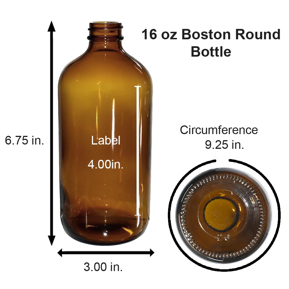 (Pack of 16) 16 oz. Amber Boston Round with Black Poly Cone Cap and 16 Black Trigger Sprayers
