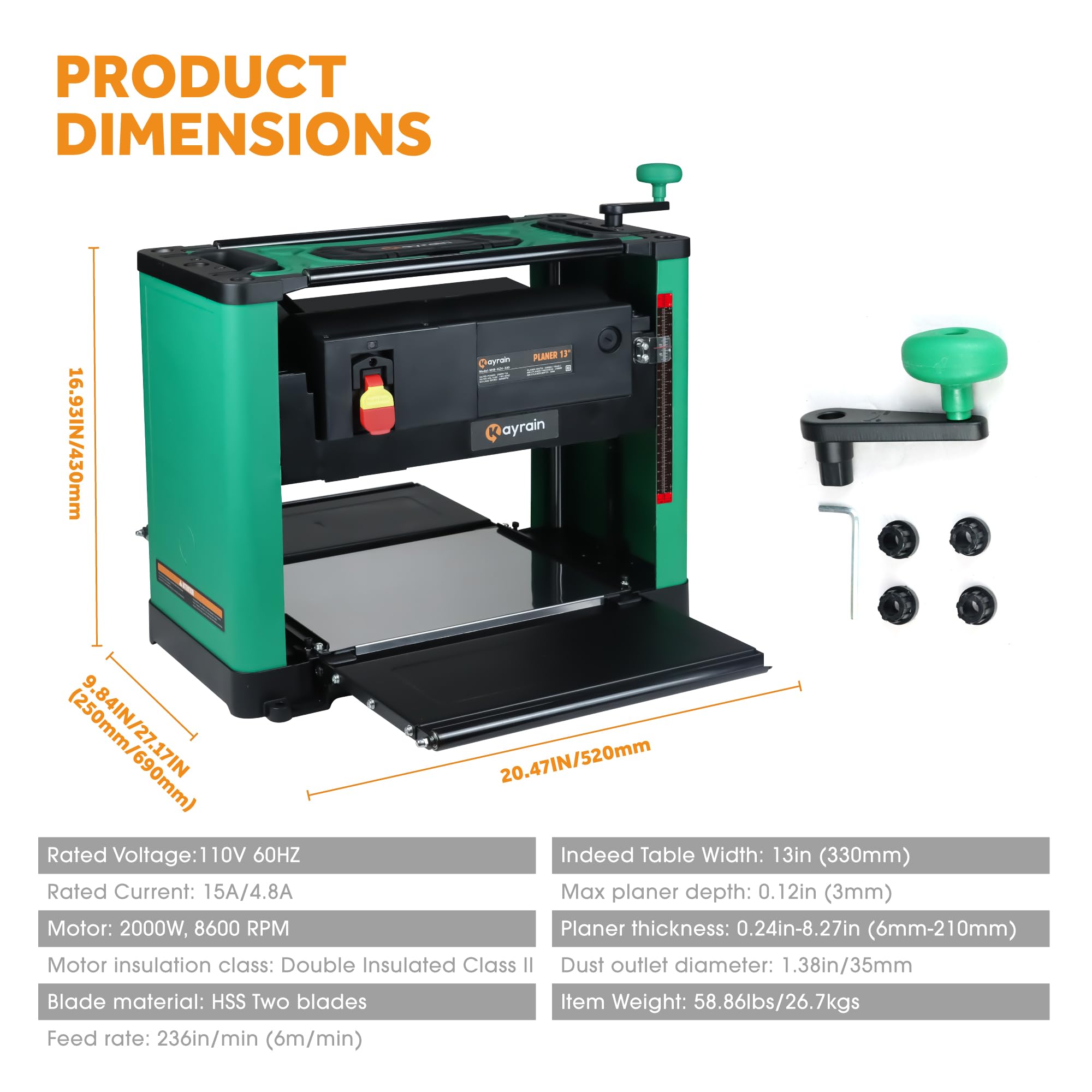 (Updated Model)Kayrain 13IN Power Benchtop Planer with HSS Double-sided Use Blades Electric Thickness Planer 15A 2000W Powerful Motor Wood Planers for Woodworking