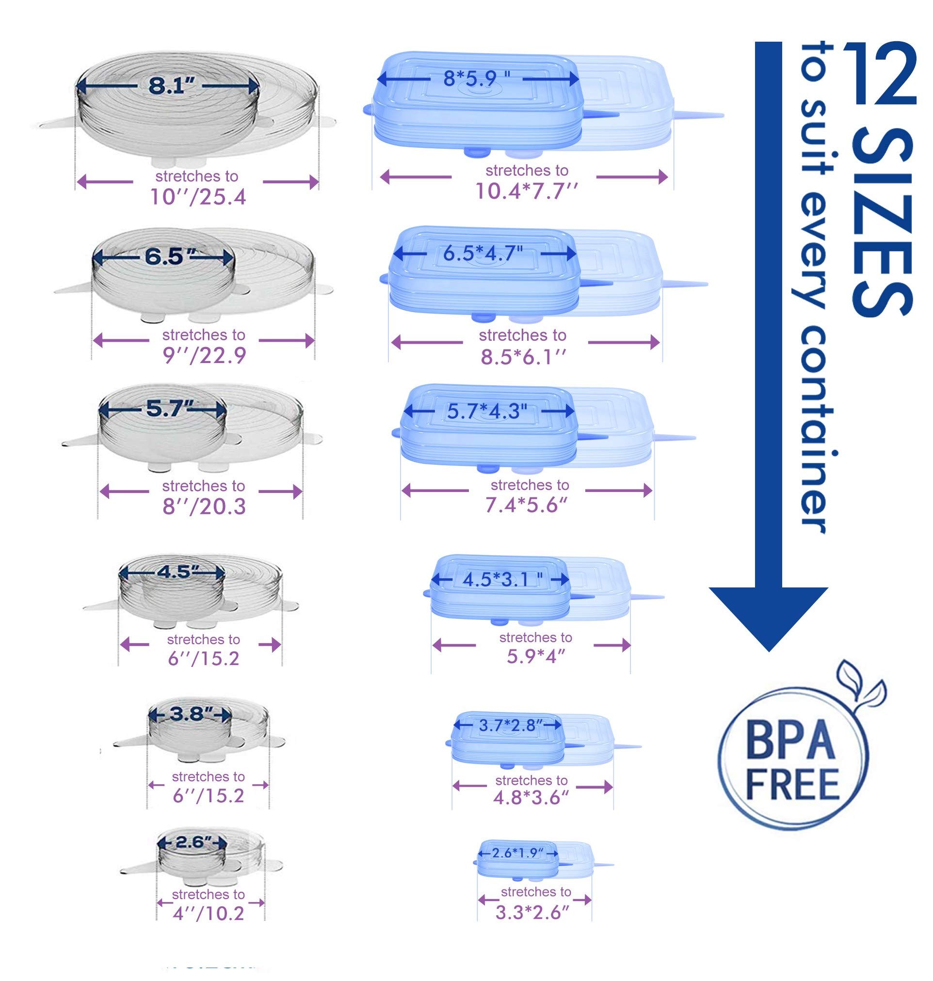 [12pack] Longzon Silicone Stretch Lids 6 Clear Round 6 Blue Rectangle, Magic Lids Reusable Food Covers for Bowls, Cups, Cans, Fit Different Sizes & Shapes of Container, Dishwasher & Freezer Safe