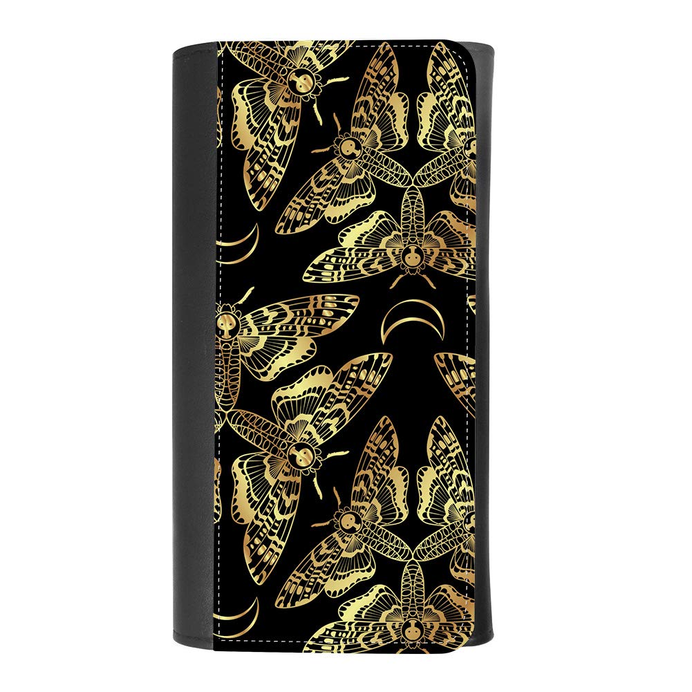 (Golden Death's Head Hawk Moth) women's Patterned Leather Buckle Trifold Wallet Bag Pouch Holster With Credit Card Holder insurance for smartphones