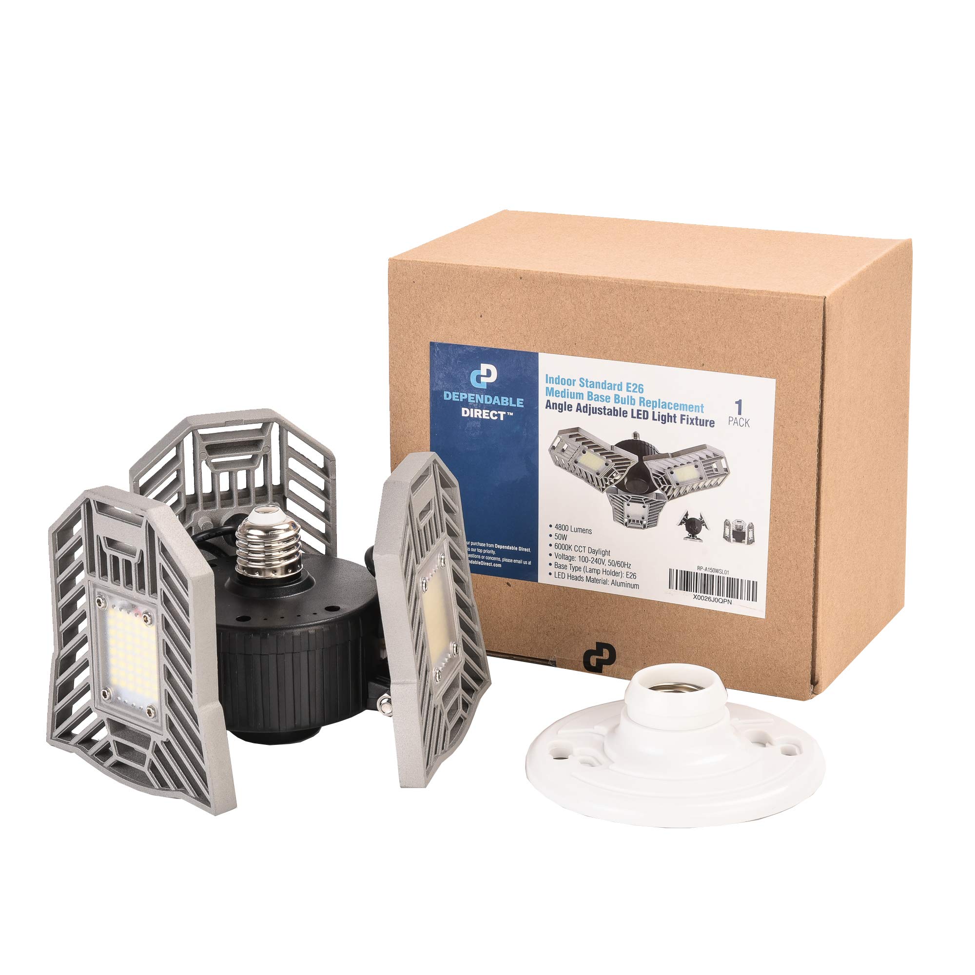 (Pack of 1) High Efficiency LED Garage Light - 6000K Deformable Ceiling Shop Light - E26 Lampholder Included, 3 Adjustable Panels - Garage, Warehouse, Barn, Shed Light - (Not Motion Activated)