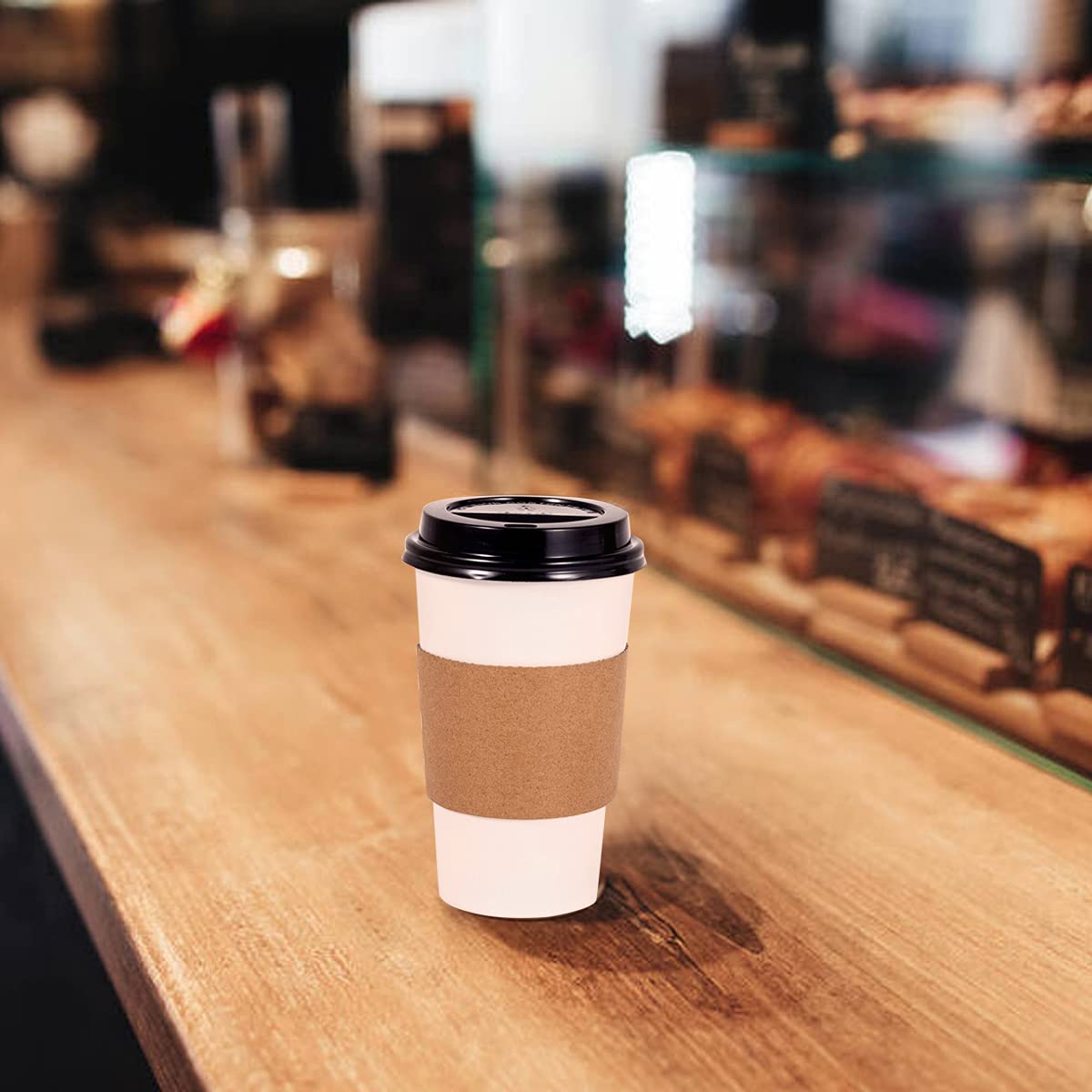 (Pack Of 50)G Store 16 OZ White Disposable Paper Coffee Cup,with Black Dome Lid,Kraft Sleeve Combo And Stirrers ,Hot/Cold Beverage Drinking Cup.