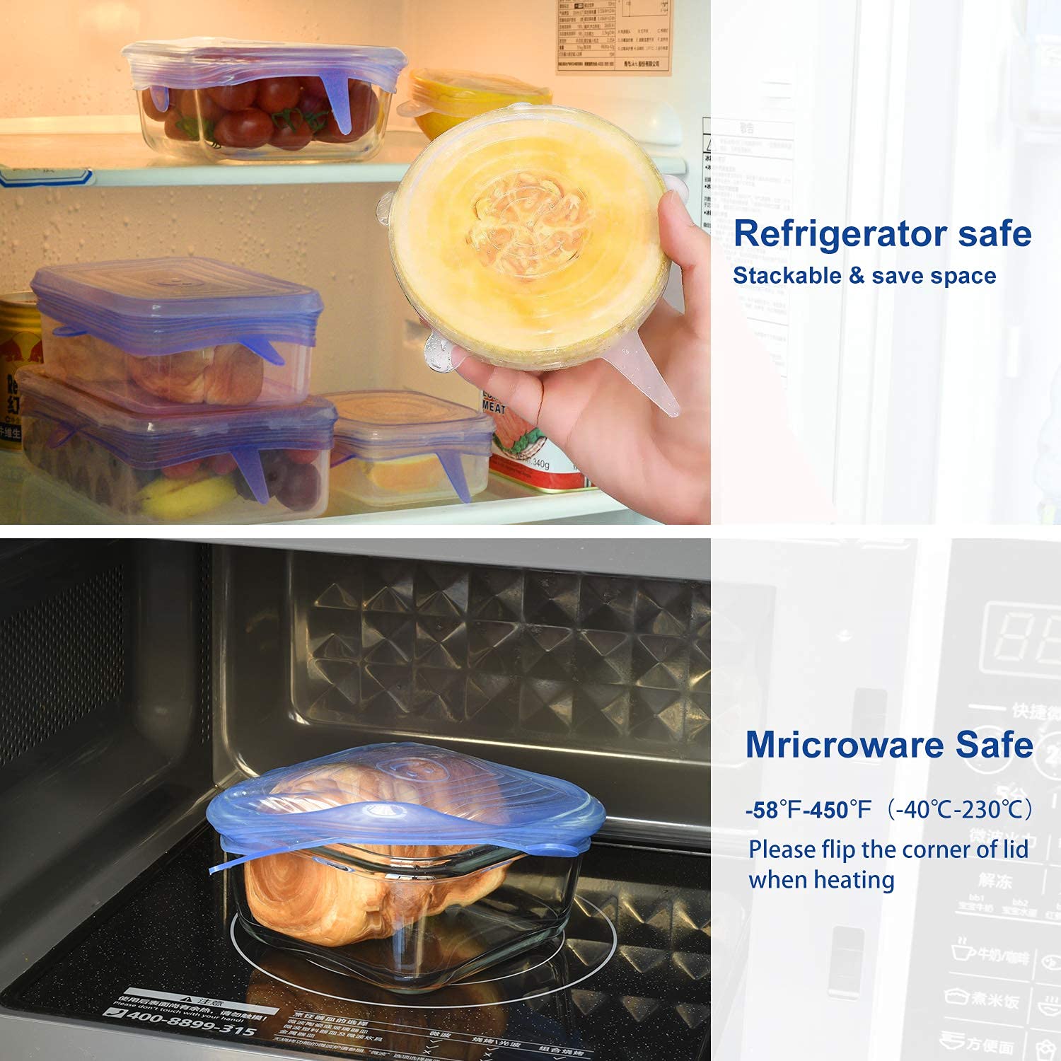 [12pack] Longzon Silicone Stretch Lids 6 Clear Round 6 Blue Rectangle, Magic Lids Reusable Food Covers for Bowls, Cups, Cans, Fit Different Sizes & Shapes of Container, Dishwasher & Freezer Safe