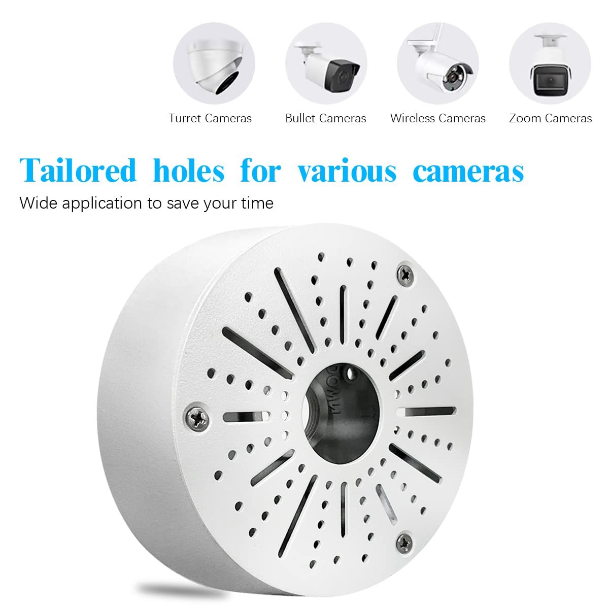 (Outdoor Security Cameras Junction Box) Universal Junction Box for Bullet Dome Turret Cameras & Solar Panel, CCTV Base Box Hide Cable, Wall Ceiling Mount Bracket, Metal Electric Enclosure (4 Pack)