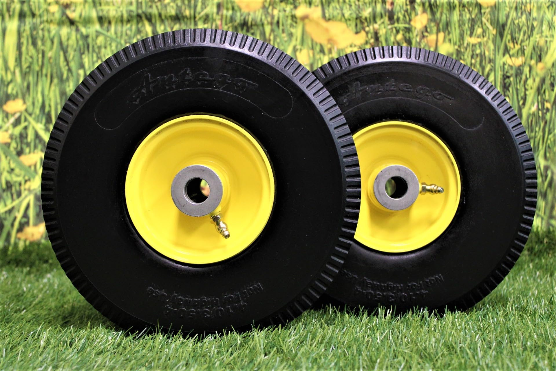 (Set of 2) 4.10/3.50-4 (10") Flat Free Tires and Wheels/Sawtooth tread, 4-1/4" Hub with 3/4" bore. Compatible with Toro 105-3471, Time Cutter Z, and John Deere