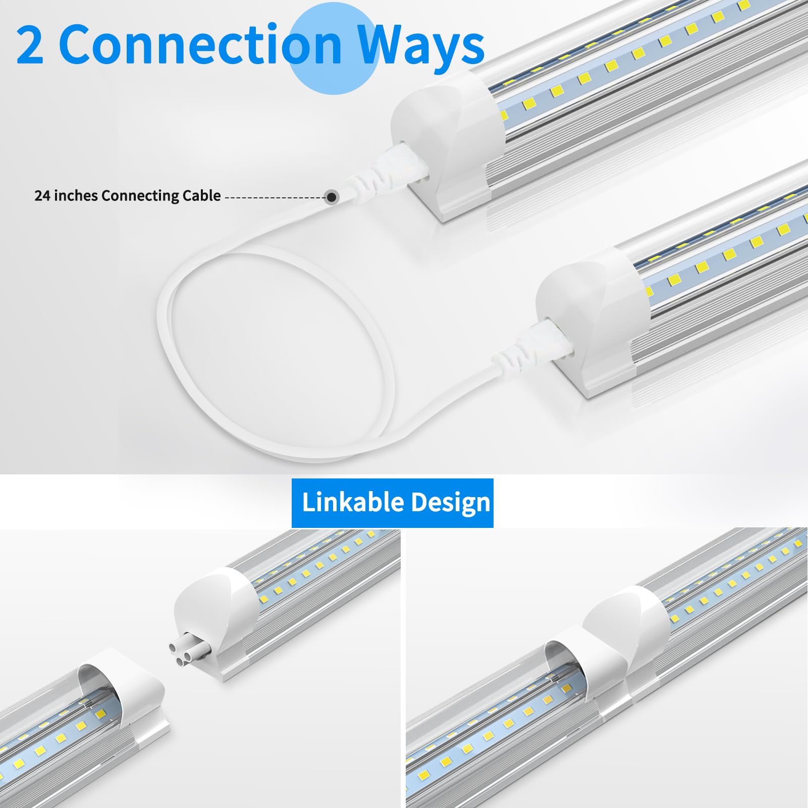 (Pack of 4) Linkable LED Utility Shop Lights for Garage, 6FT, 60W, LED Tube Ceiling Light T8 Integrated Single Fixture, 6000K, Daylight 8000lm V Shape, Basement, Offices, Clear Lens, Plug and Play
