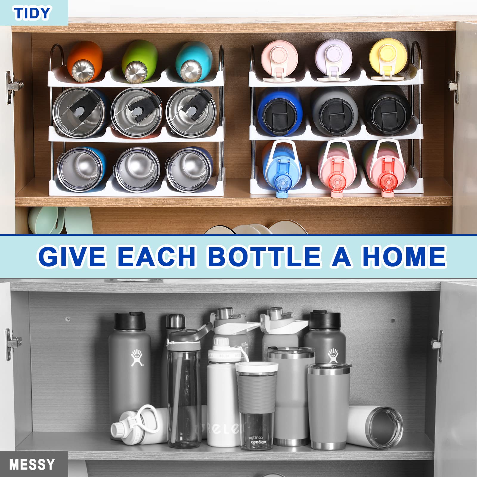[ Large Compartment ] 3 Tier Stackable Water Bottle Organizer for Cabinet - 9 Bottle Holder Rack for Tumblers, Cups, Wine Bottles - Home Storage, Kitchen Organization Shelf for Countertop, Cupboard