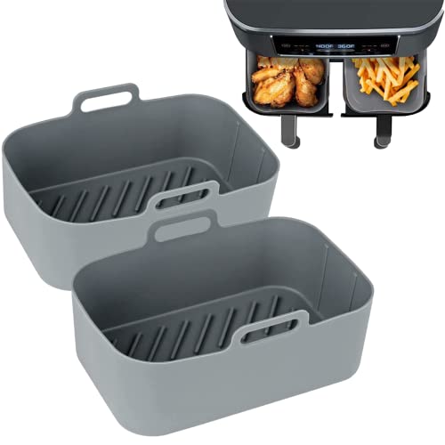 [ 2 Pcs ] Silicone Air Fryer Liners Rectangular, Air Fryer Liner Rectangle for Ninja DZ201/DZ401 Foodi, Ninja Dual Air Fryer Liners for Ninja 8 QT Air Fryer, Ninja Double Air Fryer Accessories (grey)