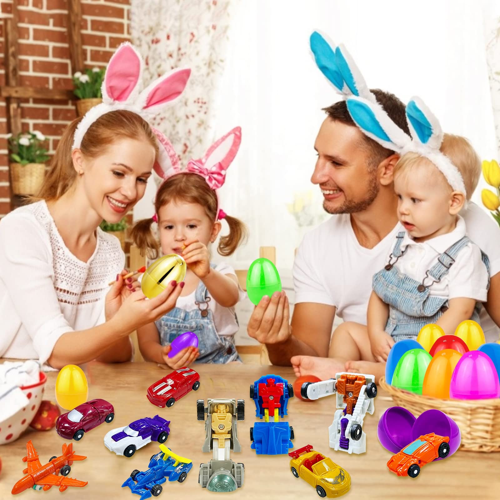 [ 1 Gold Egg ] 24 Pack Easter Egg Filled with Transform Car Robot Toys, 24 Easter Eggs + 24 Easter Toys for Kid, Easter Basket Stuffers Prefilled Plastic Easter Egg for Boys 24 Vehicle Easter Egg Hunt