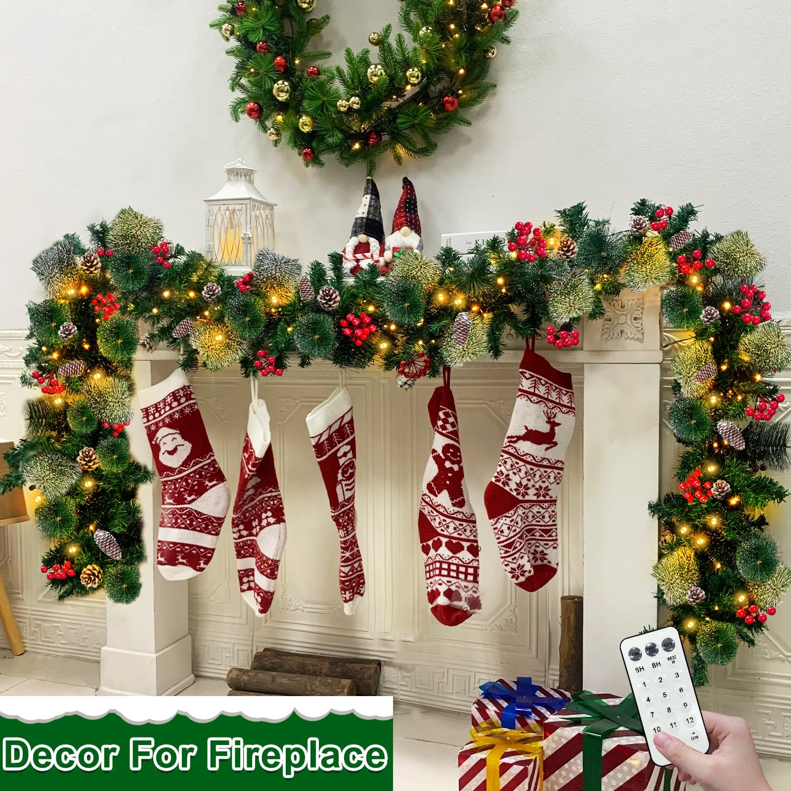 [ Dual Color Switch & Timer & Remote Control ] 9Ft by 10 Inch 80 LED Christmas Garland Warm White & Multi Color Change Lights 12 Mode Thick 300 Snowy Tips 198 Red Berry 18 Pinecone Prelit Xmas Garland