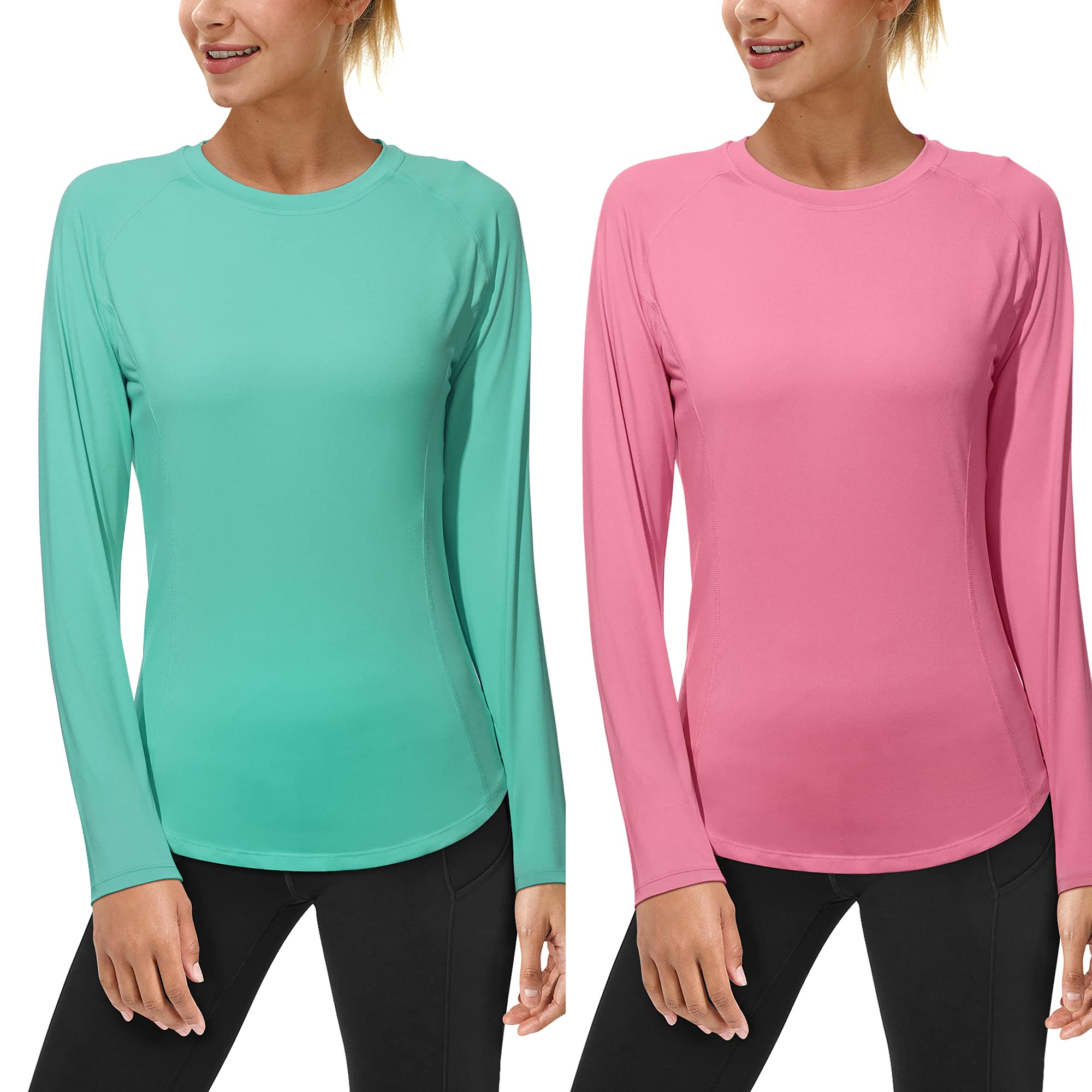 (Size:S) 2 Pack Womens Long Sleeve UV Sun Shirts UPF 50+ Workout Swim Rash Guard Tops