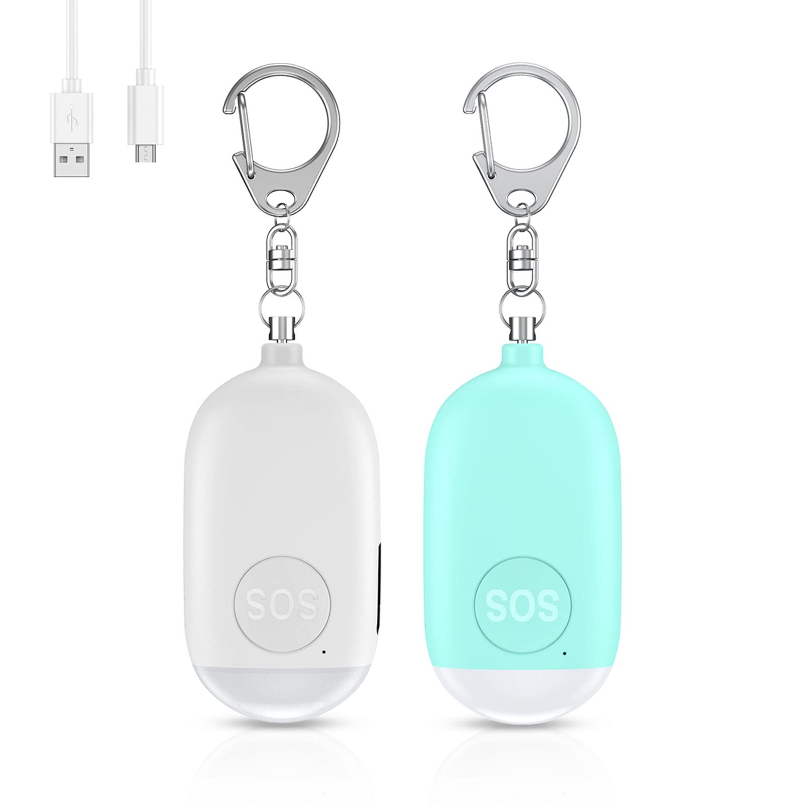 (Upgraded New Version) Safe Sound Personal Alarm, 130dB Rechargeable Safesound Security Alarm Keychain, Emergency Self Defense Alarm with, for Kids, Women, Elderly (2 Pack-White&Blue)