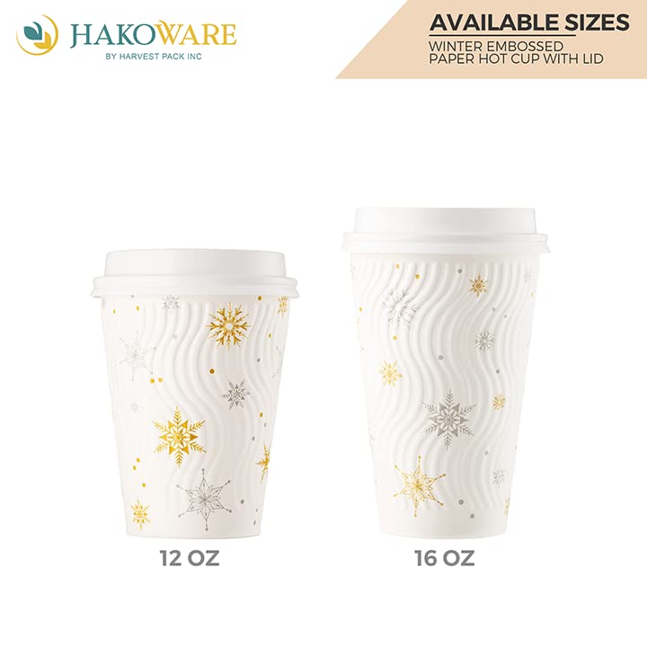 [100 SET]Harvest Pack 12 oz Christmas Coffee Cups, White Snowflake Winter Disposable Paper Cups, Insulated Ripple Wall Paper Cups with Lids, XMAS Gold and Silver Foil, Hot Chocolate To go