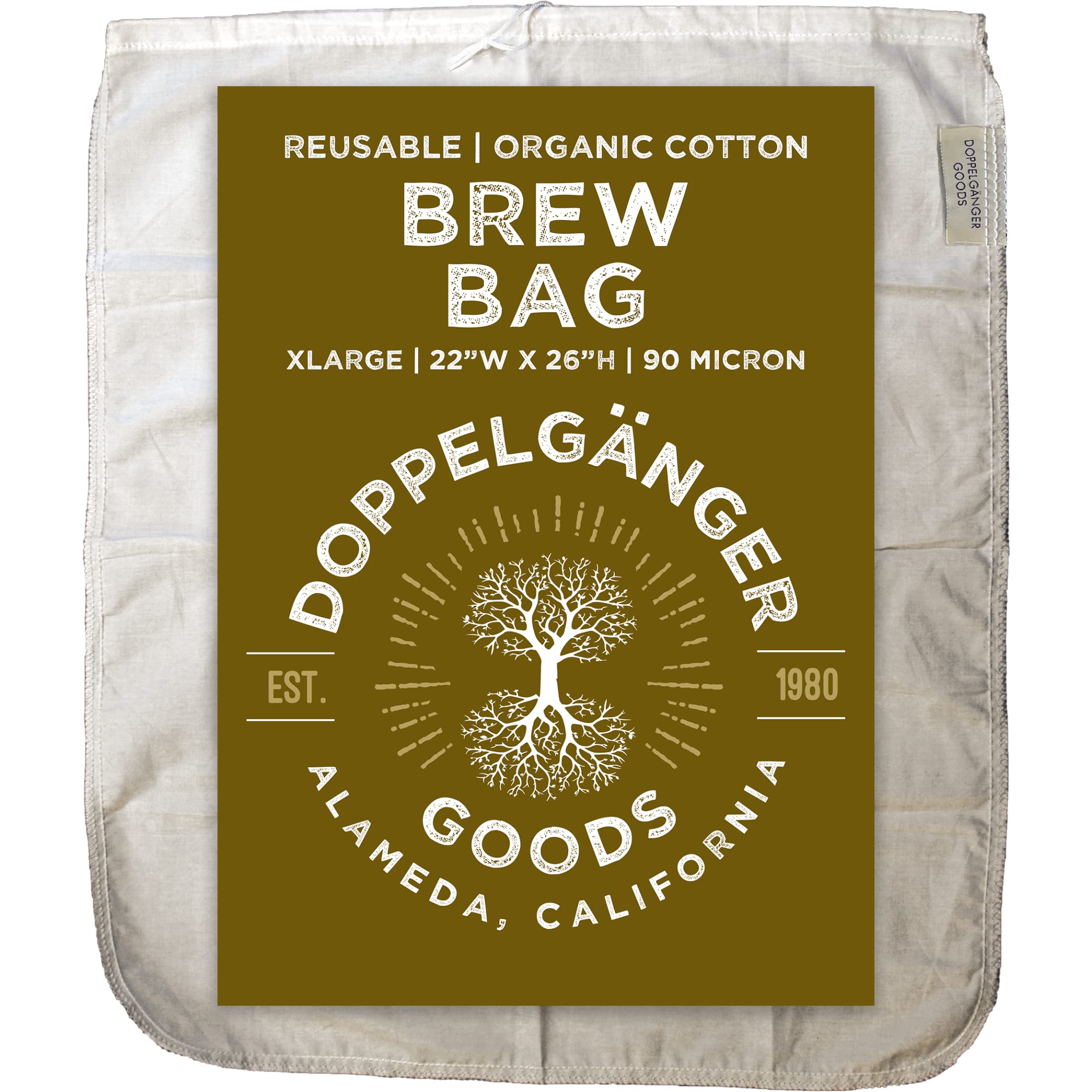 (XL 22in x 26in) Organic Cotton Brew In A Bag - Designed in CA - Reusable Home Brewing Strainer Bag with EasyOpen Drawstring to Boil and Strain Hops, Apple Cider, Commercial Cold Brew Coffee Filter