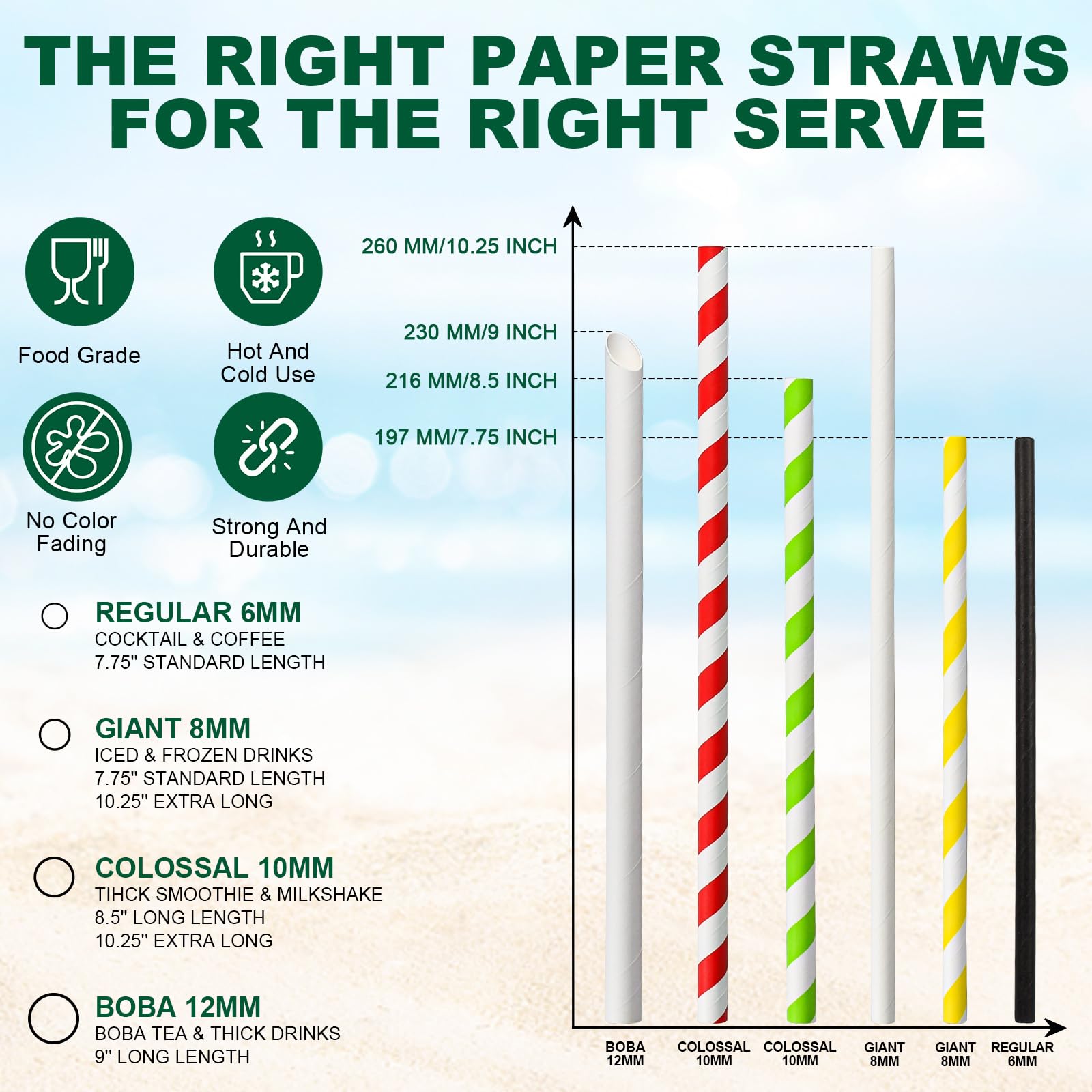 [10mm Wide] 8.5 inch Colossal Paper Straws for Smoothie & Milkshake - Colorful Stripes (Pack of 100)