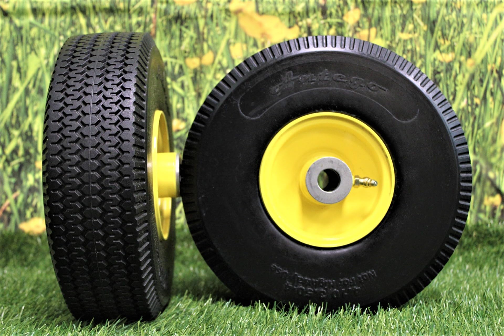(Set of 2) 4.10/3.50-4 (10") Flat Free Tires and Wheels/Sawtooth tread, 4-1/4" Hub with 3/4" bore. Compatible with Toro 105-3471, Time Cutter Z, and John Deere