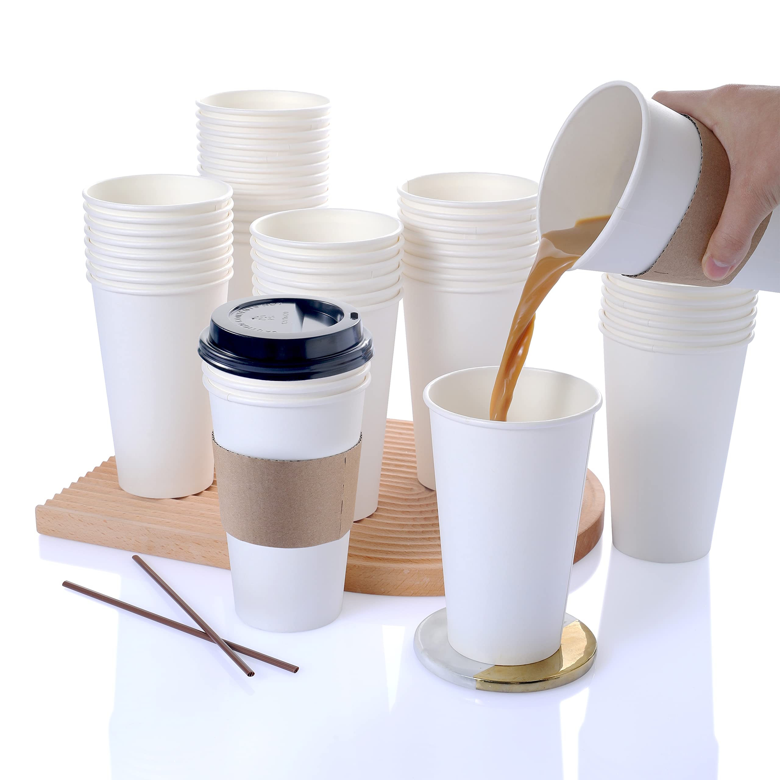 (Pack Of 50)G Store 16 OZ White Disposable Paper Coffee Cup,with Black Dome Lid,Kraft Sleeve Combo And Stirrers ,Hot/Cold Beverage Drinking Cup.