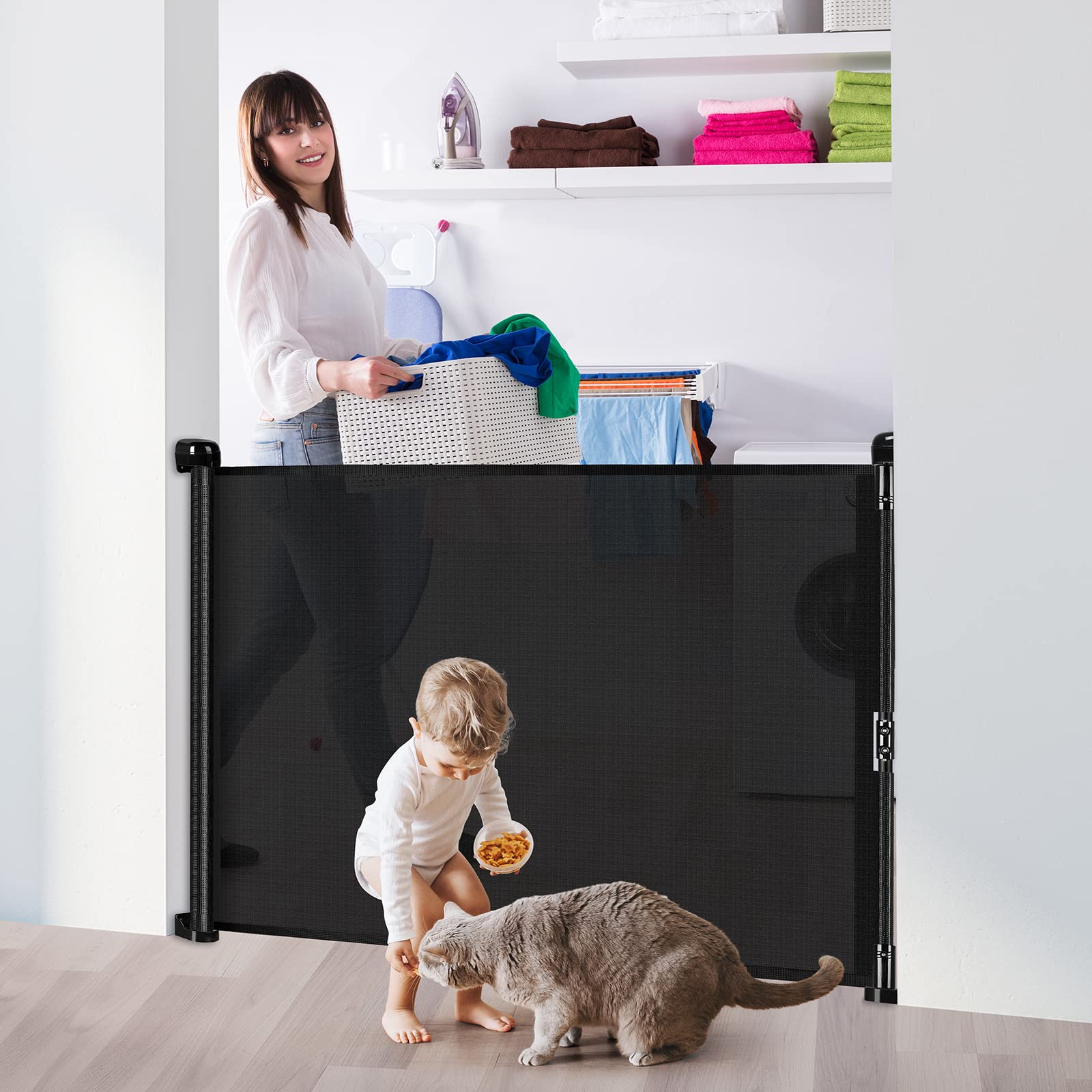 (Non-Retractable) Adjustable Baby gate 0-60 Inches Wide, Mesh Baby Gate with Safety Lock, Roll Up to Saving Space, Portable Folding Mesh Dog Gate Child gate for for Stairs Indoor Outdoor Gate (Black)