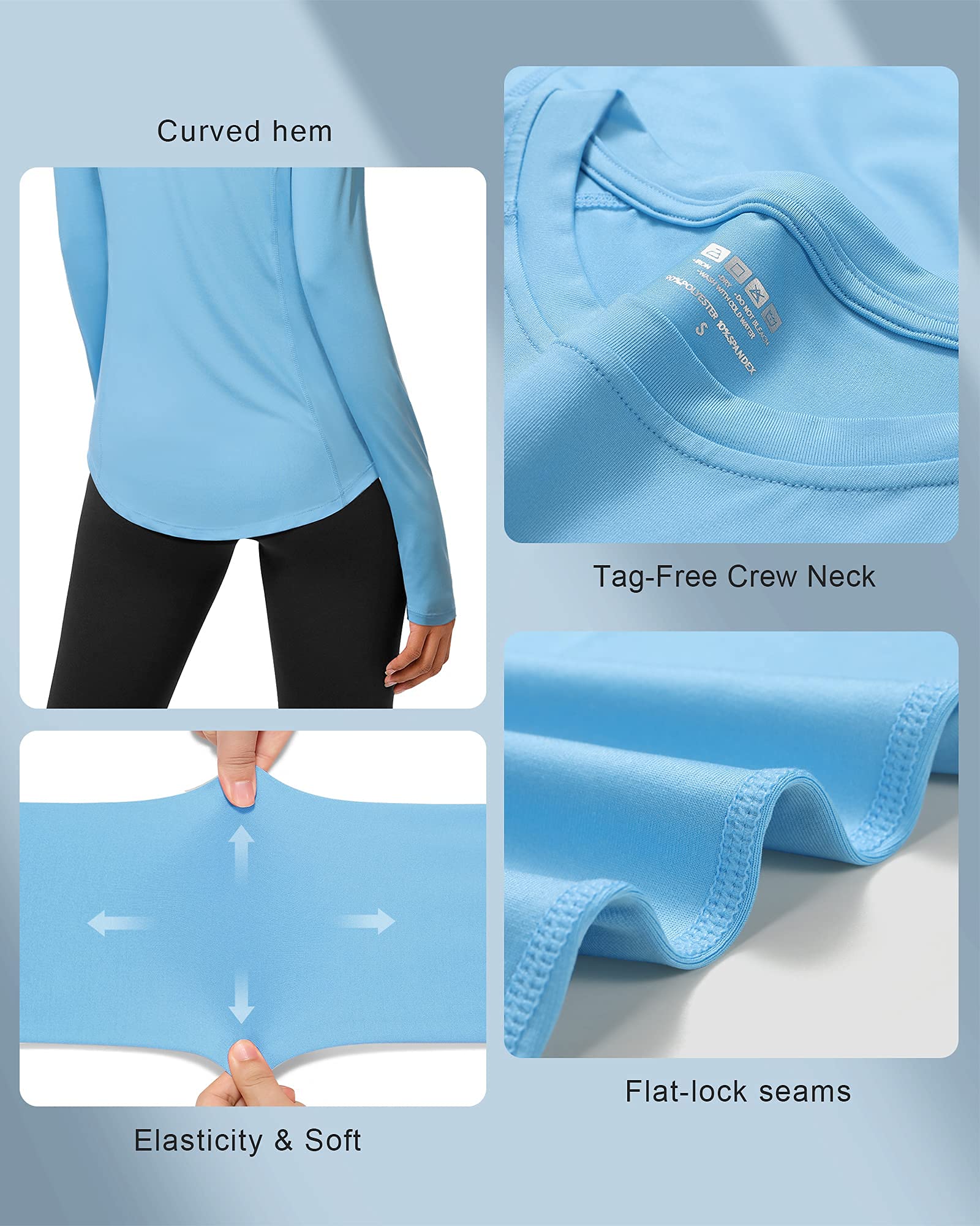 (Size:S) 2 Pack Womens Long Sleeve UV Sun Shirts UPF 50+ Workout Swim Rash Guard Tops