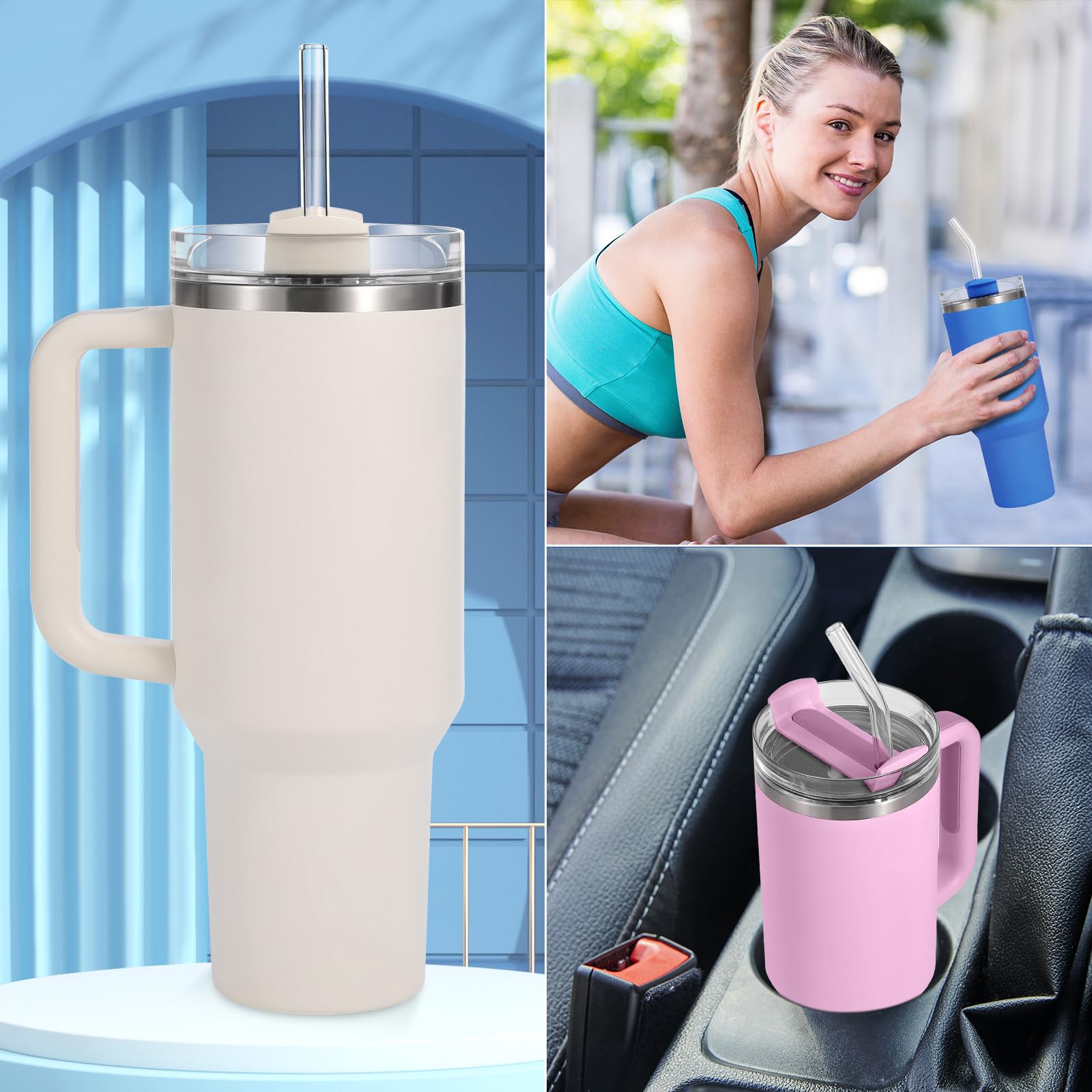 [12 Pcs] Reusable Glass Straws Shatter Resistant - Replacement Glass Straws for Stanley 40 oz 30 oz 20 oz Tumbler 12" x 10mm and 9" x 10mm Each Including 3 Straight and 3 Bent with 2 Cleaning Brush
