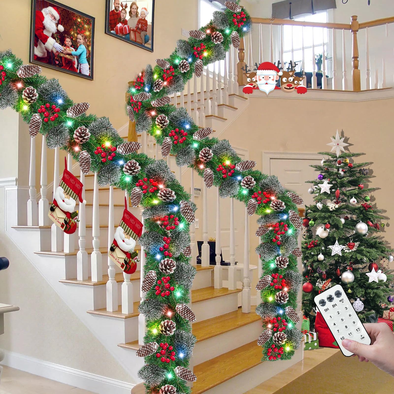 [ Dual Color Switch & Timer & Remote Control ] 9Ft by 10 Inch 80 LED Christmas Garland Warm White & Multi Color Change Lights 12 Mode Thick 300 Snowy Tips 198 Red Berry 18 Pinecone Prelit Xmas Garland