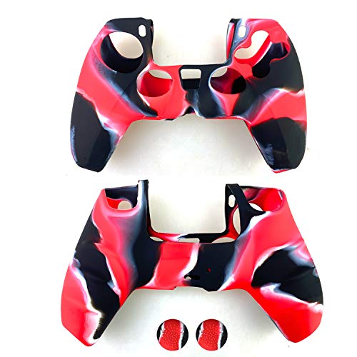 [2 PACK] PS5 DualSense Anti-Slip Silicone Skin Controller for Sony PlayStation 5 with Thumb Grips (Red & Red Marble)