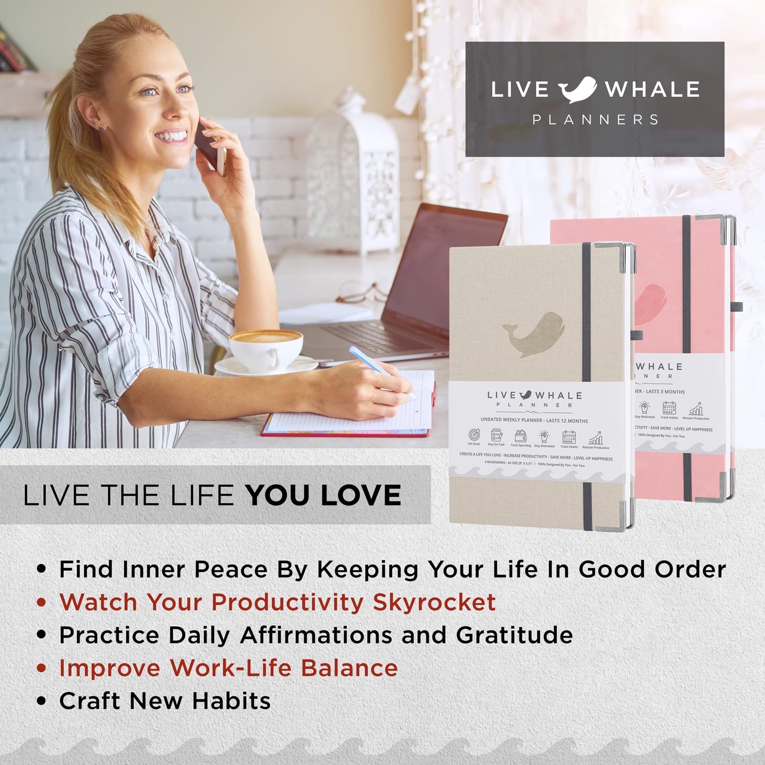 ) Live Whale Planner - Undated Weekly Planner, Personal Hourly Planner - Habit Tracker Crafted to Increase Productivity, Track Goals and Achieve Well Being. (Blue/Grey)