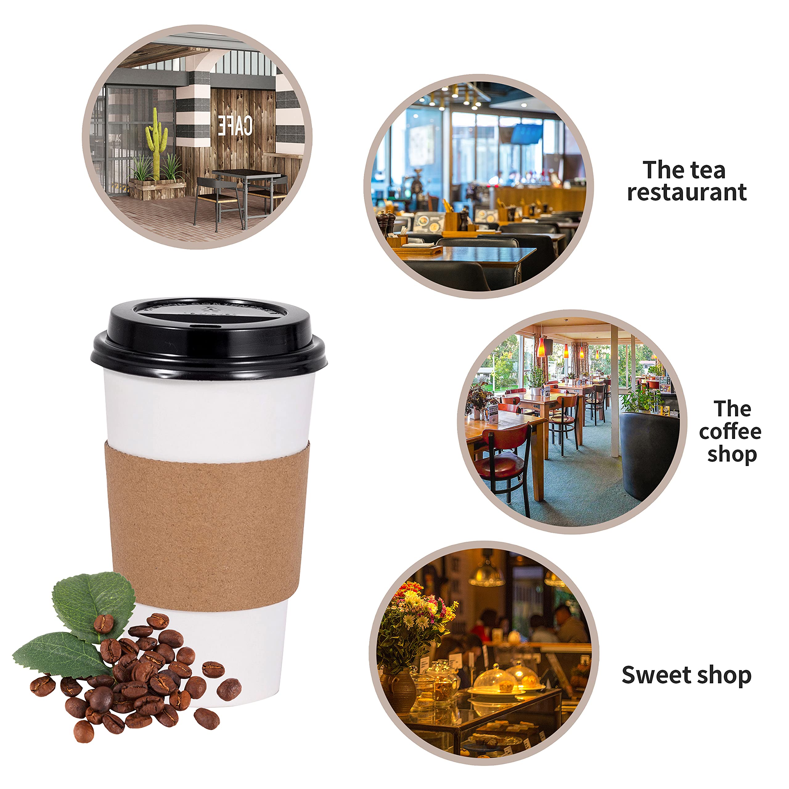 (Pack Of 50)G Store 16 OZ White Disposable Paper Coffee Cup,with Black Dome Lid,Kraft Sleeve Combo And Stirrers ,Hot/Cold Beverage Drinking Cup.