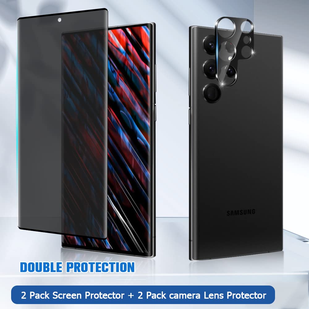 [1+2 Pack] Galaxy S23 Ultra Privacy Tempered Glass Screen Protector + Camera Lens Film [9H Hardness] [ 3D Full Coverage] [Anti-Fingerprints] for Samsung Galaxy S23 Ultra 5G (6.8 Inch)