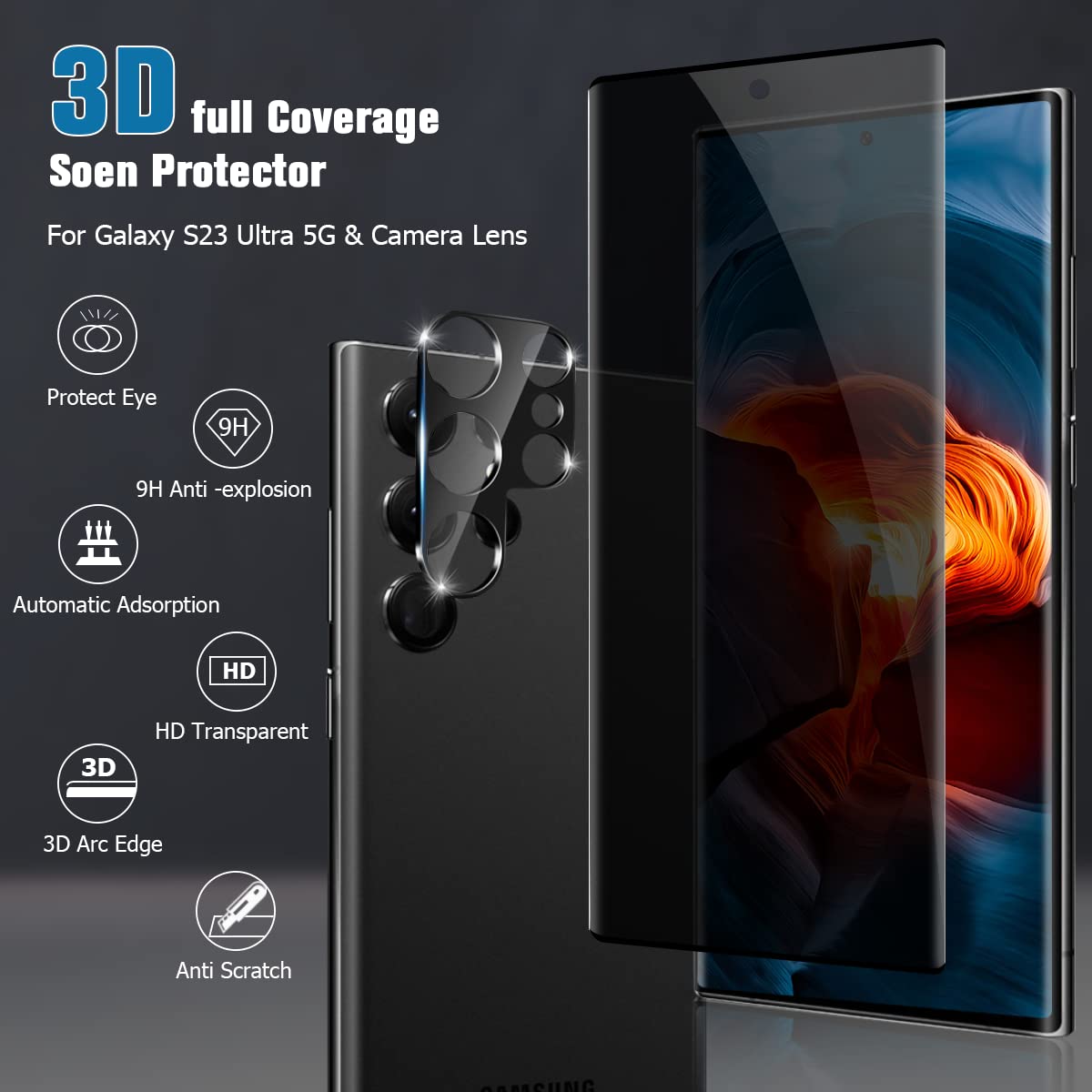 [1+2 Pack] Galaxy S23 Ultra Privacy Screen Protector with Glass Camera Lens Protector, 3D Curved, Scratch Resistant, Bubble-Free, Anti-Spy Tempered Glass for Samsung Galaxy S23 Ultra 5G 6.8 Inch