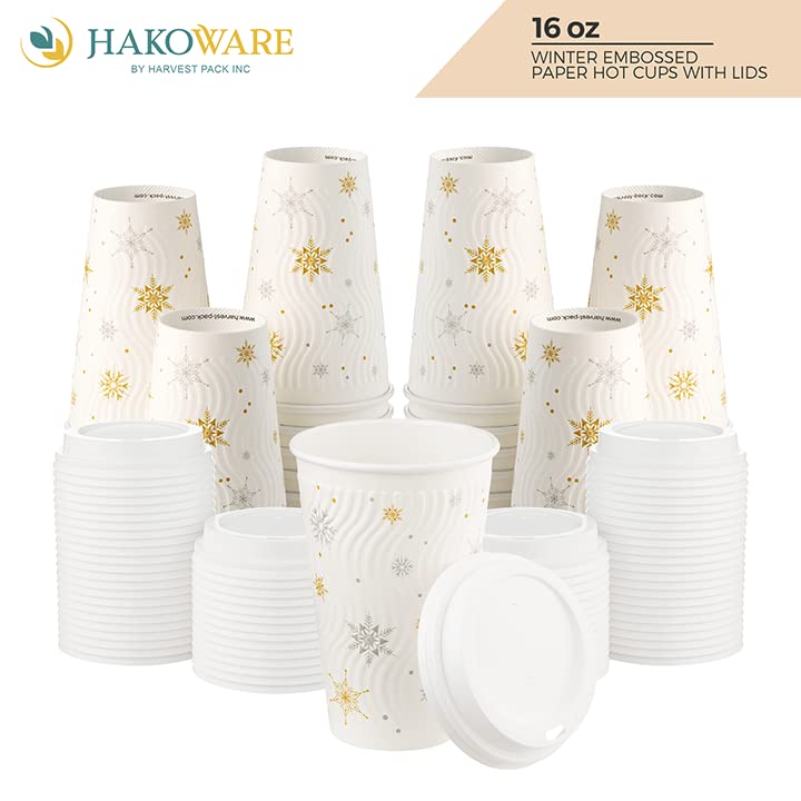[100 SET]Harvest Pack 12 oz Christmas Coffee Cups, White Snowflake Winter Disposable Paper Cups, Insulated Ripple Wall Paper Cups with Lids, XMAS Gold and Silver Foil, Hot Chocolate To go