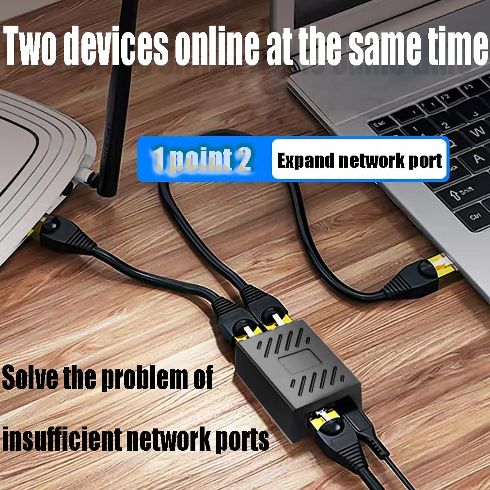 [2 Devices Simultaneous Networking] Ethernet Splitter 1 to 2 RJ45 Extender, Network Switch Converter with 3.3FT USB Charing Cable, Suitable for CAT 5/6/6E/7/8, Computer/Router/TV Box