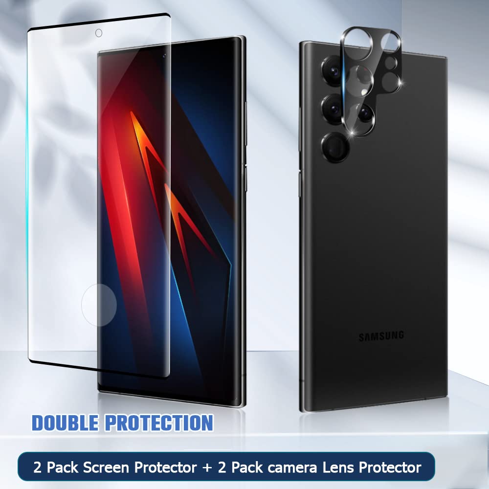 [2+2 Pack] Galaxy S23 Ultra Screen Camera Protector, 9H Tempered Glass Scratch Resistant, Ultrasonic Fingerprint Support, 3D HD Curved, For Samsung Galaxy S23 Ultra 5G 6.8 Inch Glass Screen Protector
