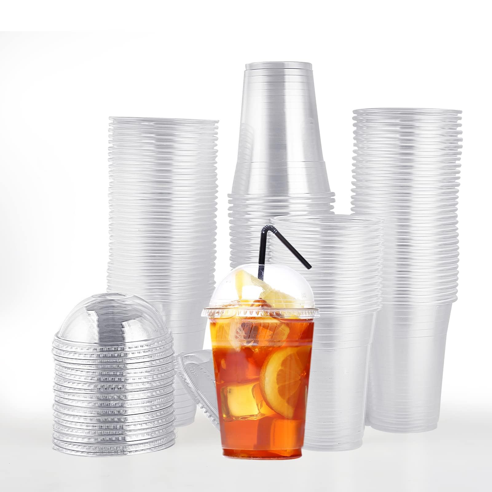 [100 Pack] 16 oz Clear Plastic Cups With Flat Slotted Lids, Disposable Drinking Party Cups for Iced Cold Drinks Coffee Tea Smoothie Bubble Boba
