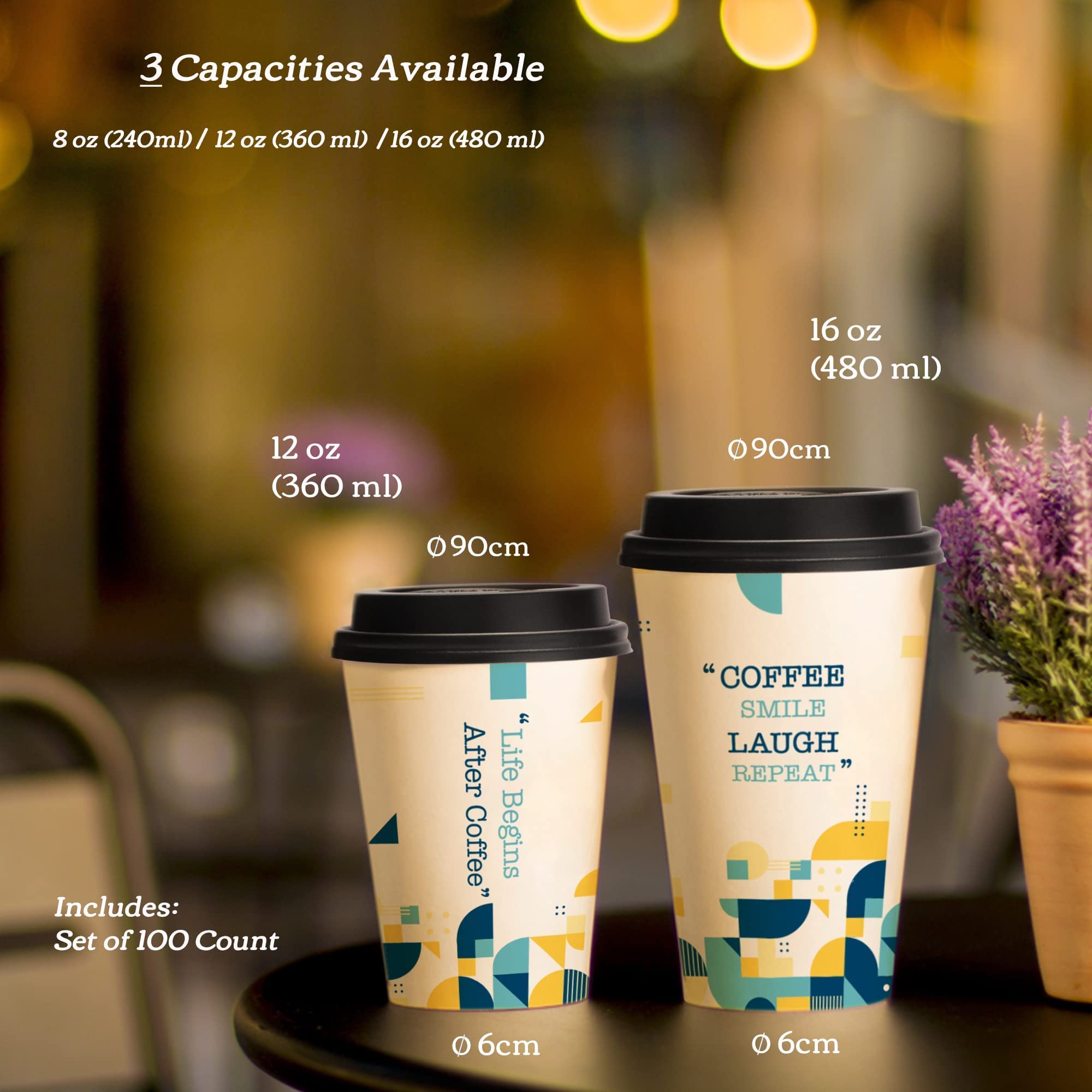 [100 Pack] To Go Coffee Paper Cups with Lids 16 oz | Disposable Coffee Cups with lids | Reusable & Recyclable | Hot & Cold Beverage Drinking Cups for Espresso Tea Water Milk