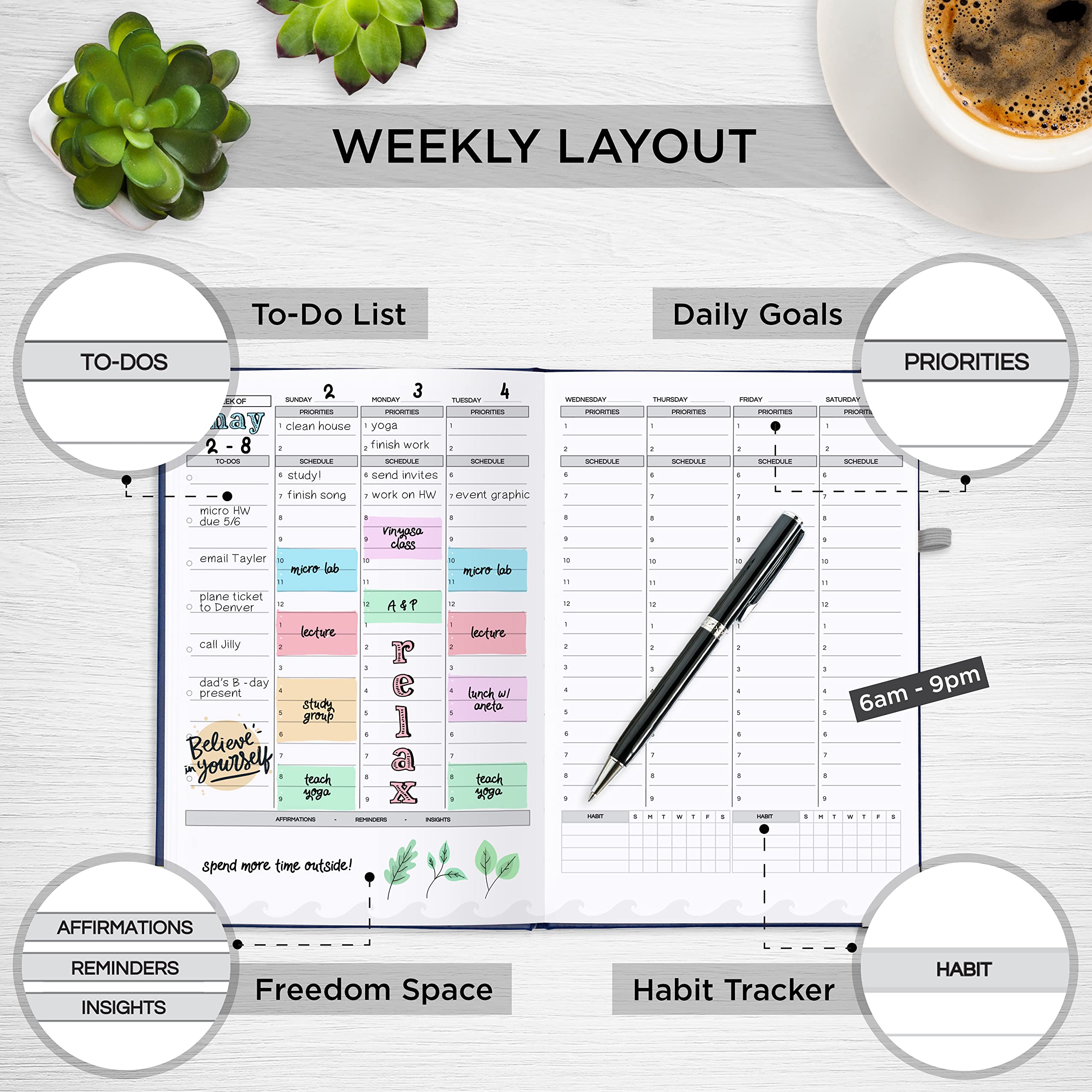 ) Live Whale Planner - Undated Weekly Planner, Personal Hourly Planner - Habit Tracker Crafted to Increase Productivity, Track Goals and Achieve Well Being. (Blue/Grey)