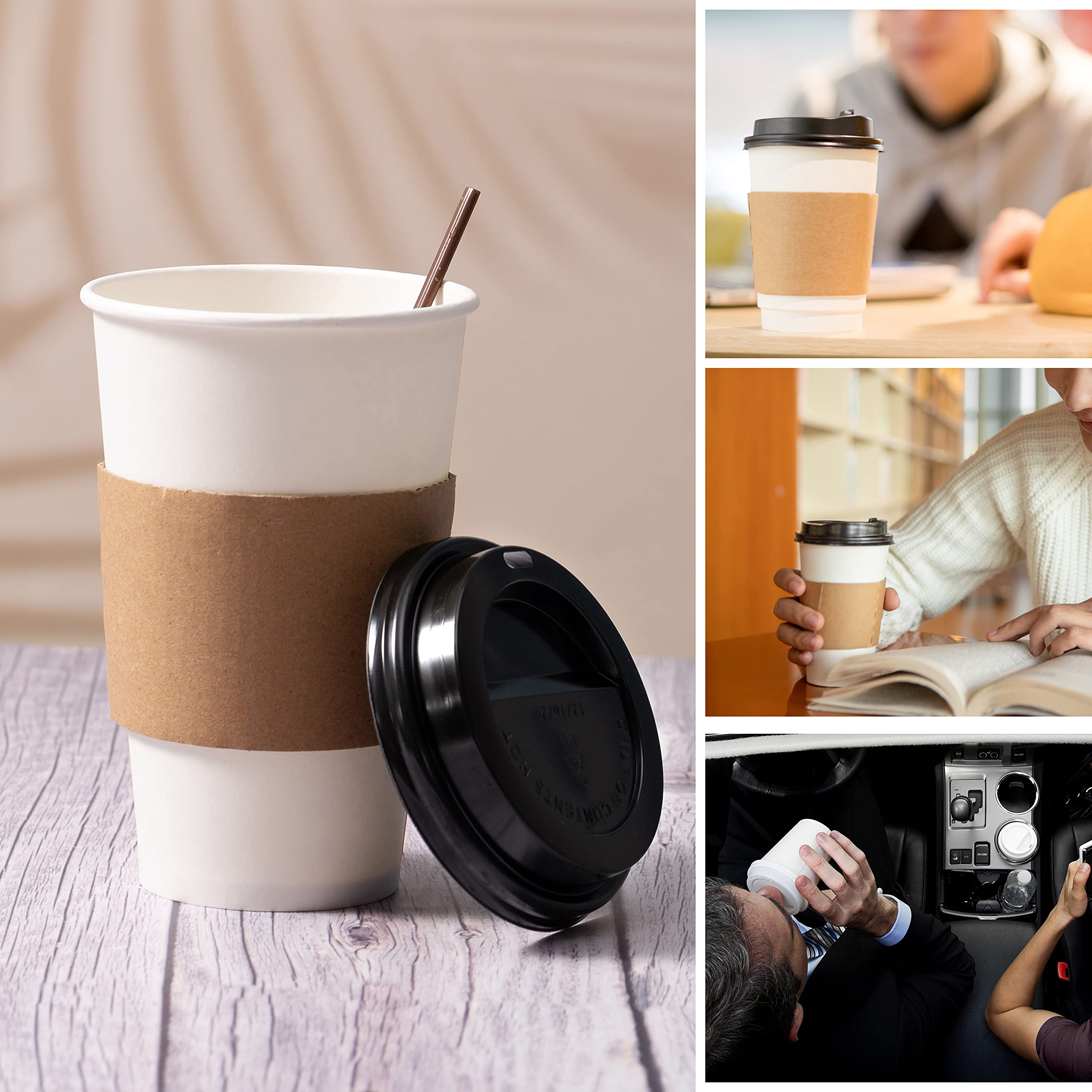 (Pack Of 50)G Store 16 OZ White Disposable Paper Coffee Cup,with Black Dome Lid,Kraft Sleeve Combo And Stirrers ,Hot/Cold Beverage Drinking Cup.