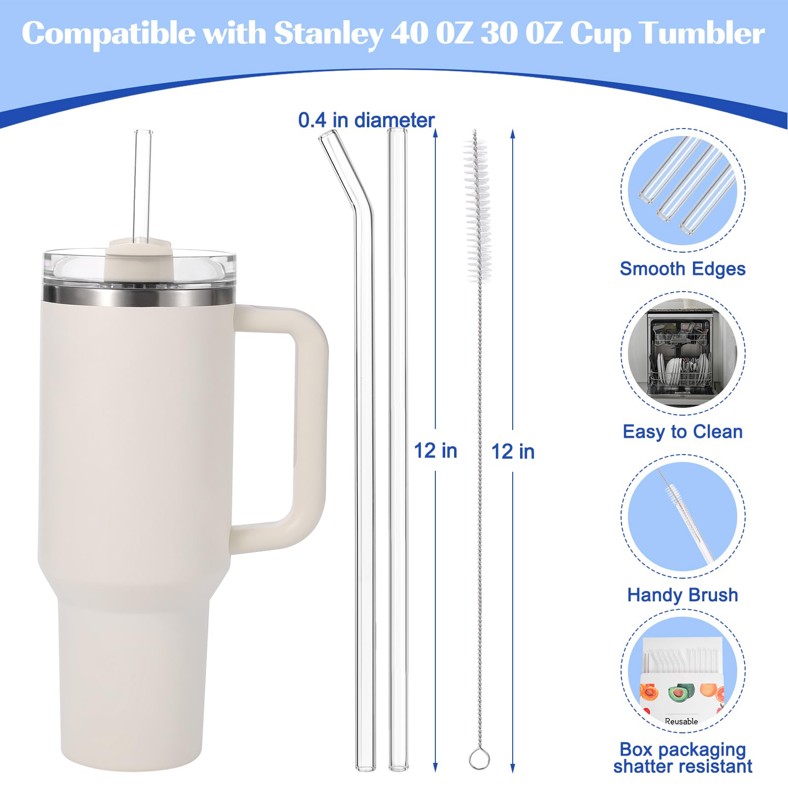 [12 Pcs] Replacement Glass Straws for Stanley - Compatible with Stanley 40 oz 30 oz Cup Tumbler,12" x 10mm Reusable Clear Glass Straw with 2 Cleaning Brush for Stanley Cup Accessories