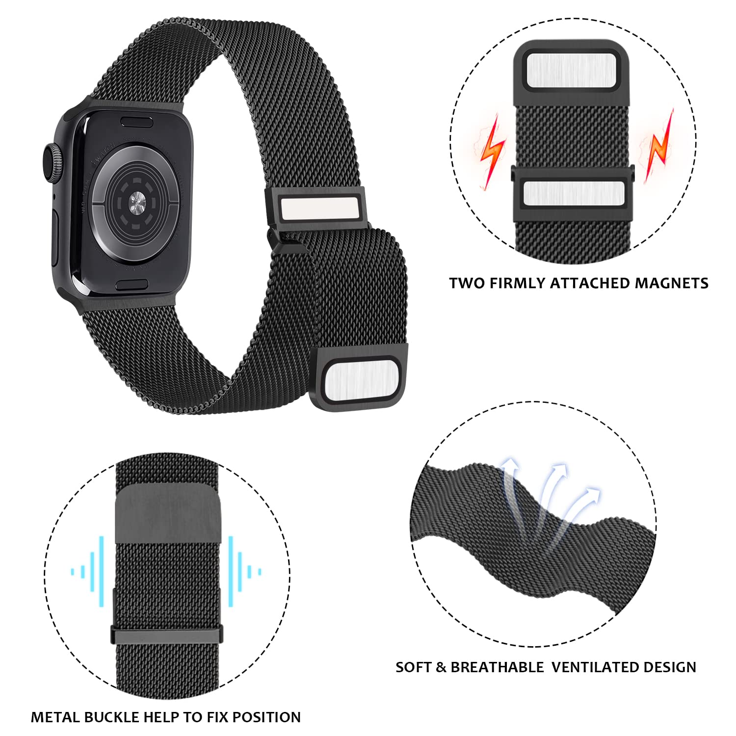 [2 PACK] Metal Stainless Steel Bands Compatible with Apple Watch Bands Series 8 7 6 5 4 3 2 1 SE 42mm 44mm 45mm, Mesh Loop Magnetic Milanese Strap for iWatch Bands (Black & Graphite)